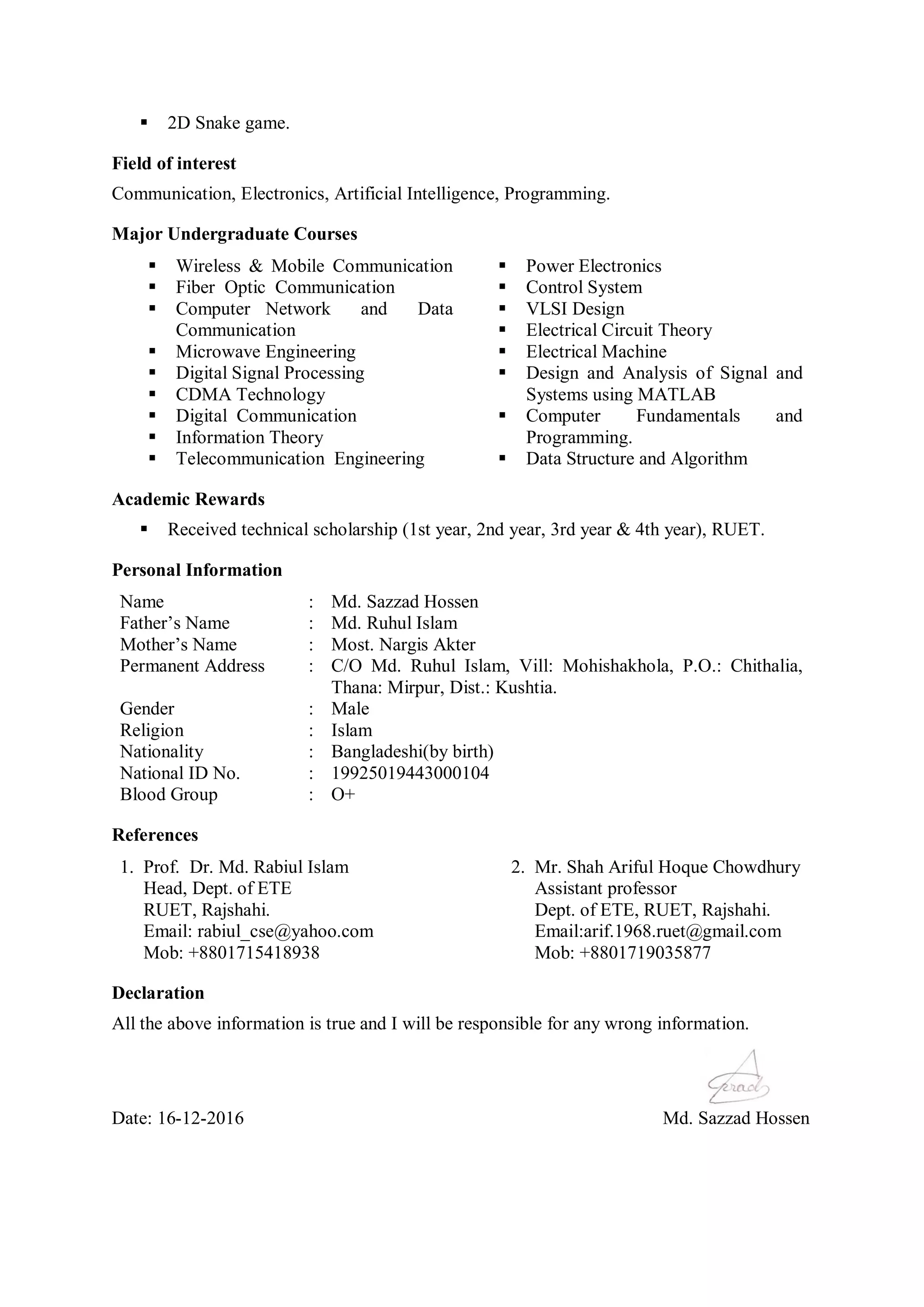 Resume Of Md Sazzad Hossen Pdf 