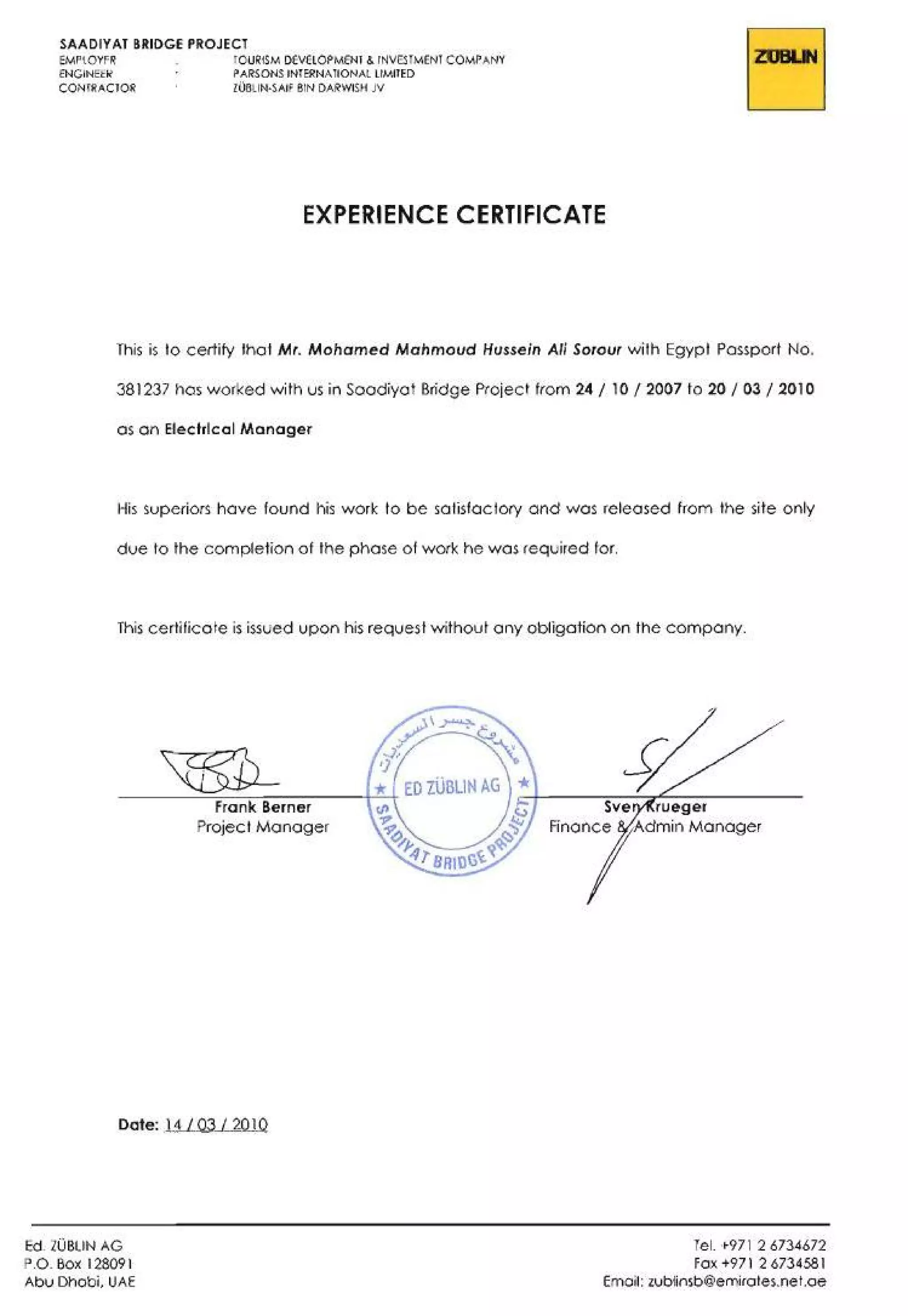 Saadiyat Bridge Certificate ZUBLIN | PDF