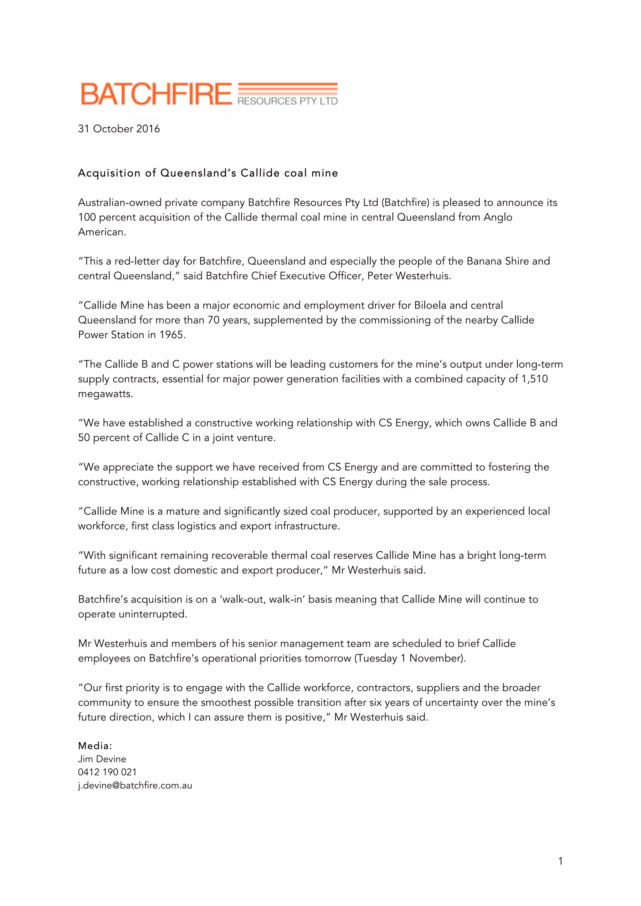 Batchfire Callide Mine Acquisition_31Oct2016 | PDF