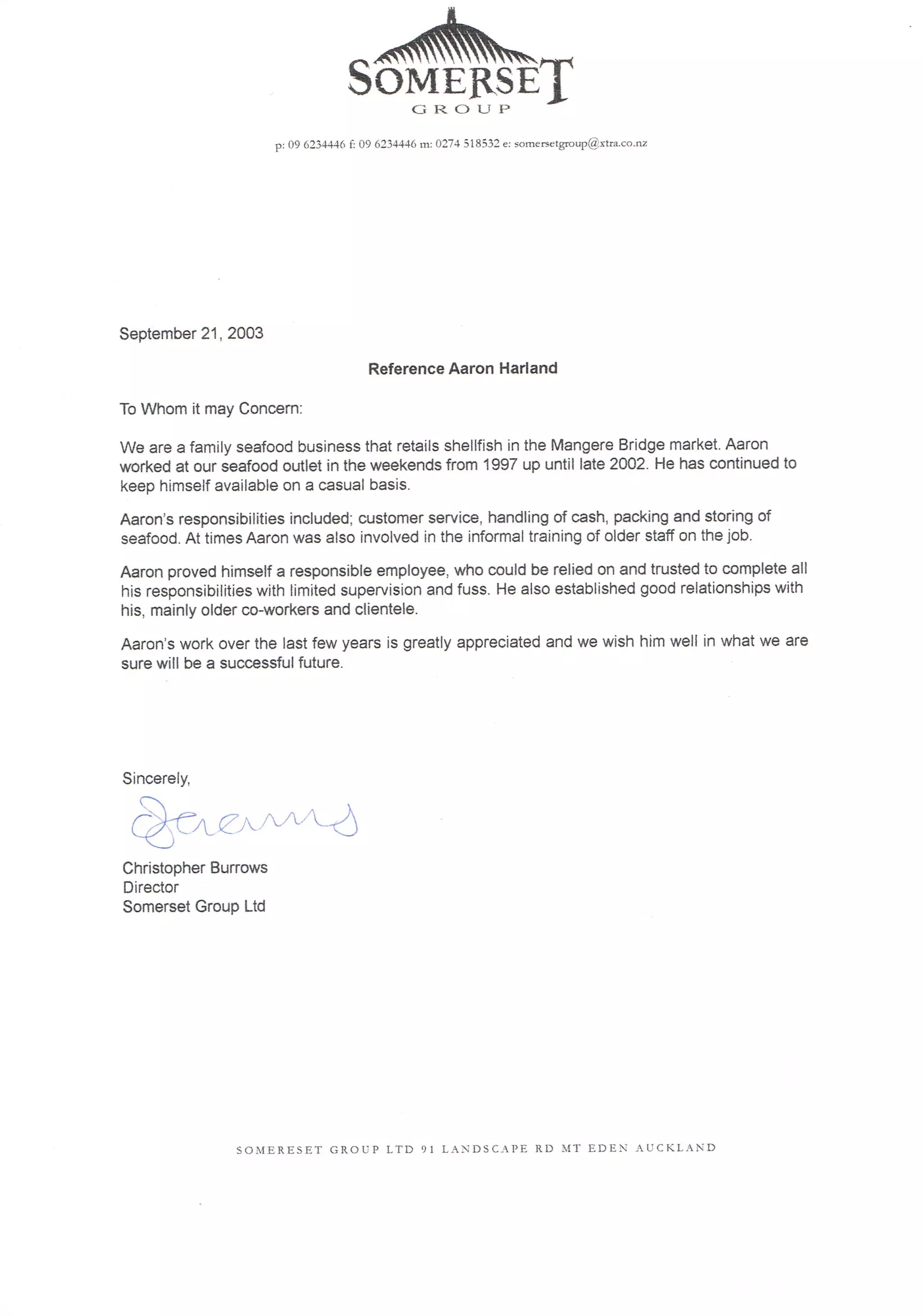 Somerset Seafoods Reference Letter 2003 | PDF