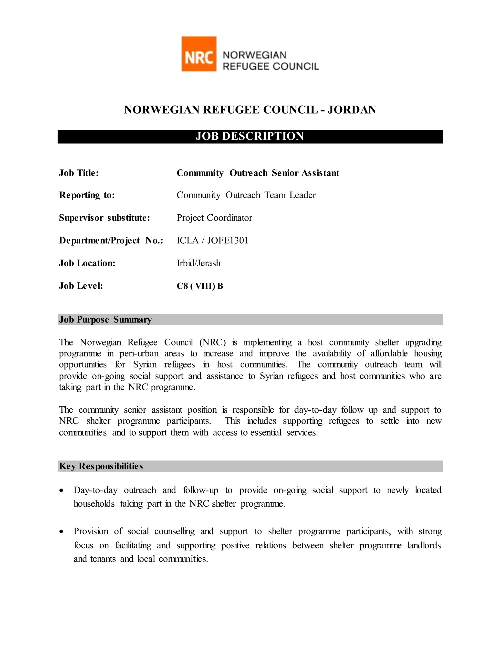 ICLA Community Outreach Senior Assistant-Irbid Job Description | DOCX