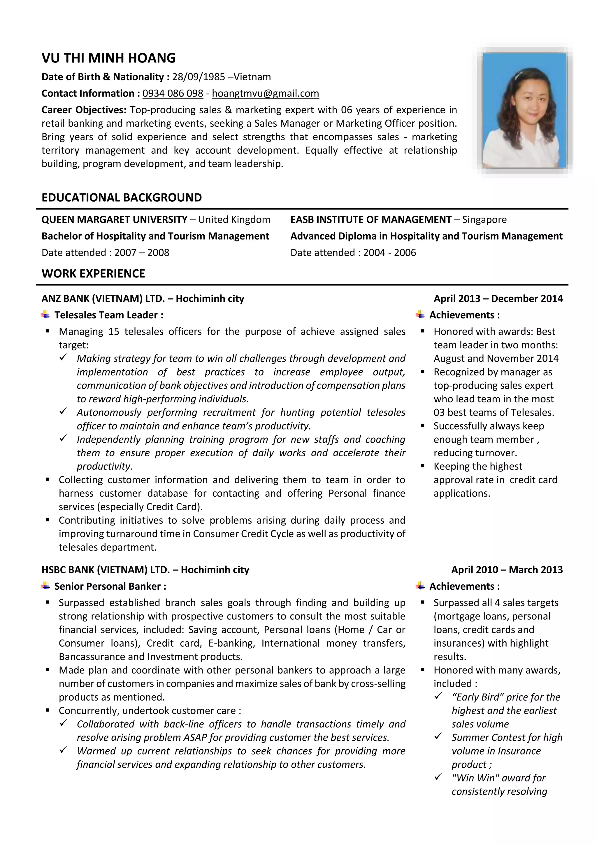 CV Vu Thi Minh Hoang | PDF | Business Administration | Business