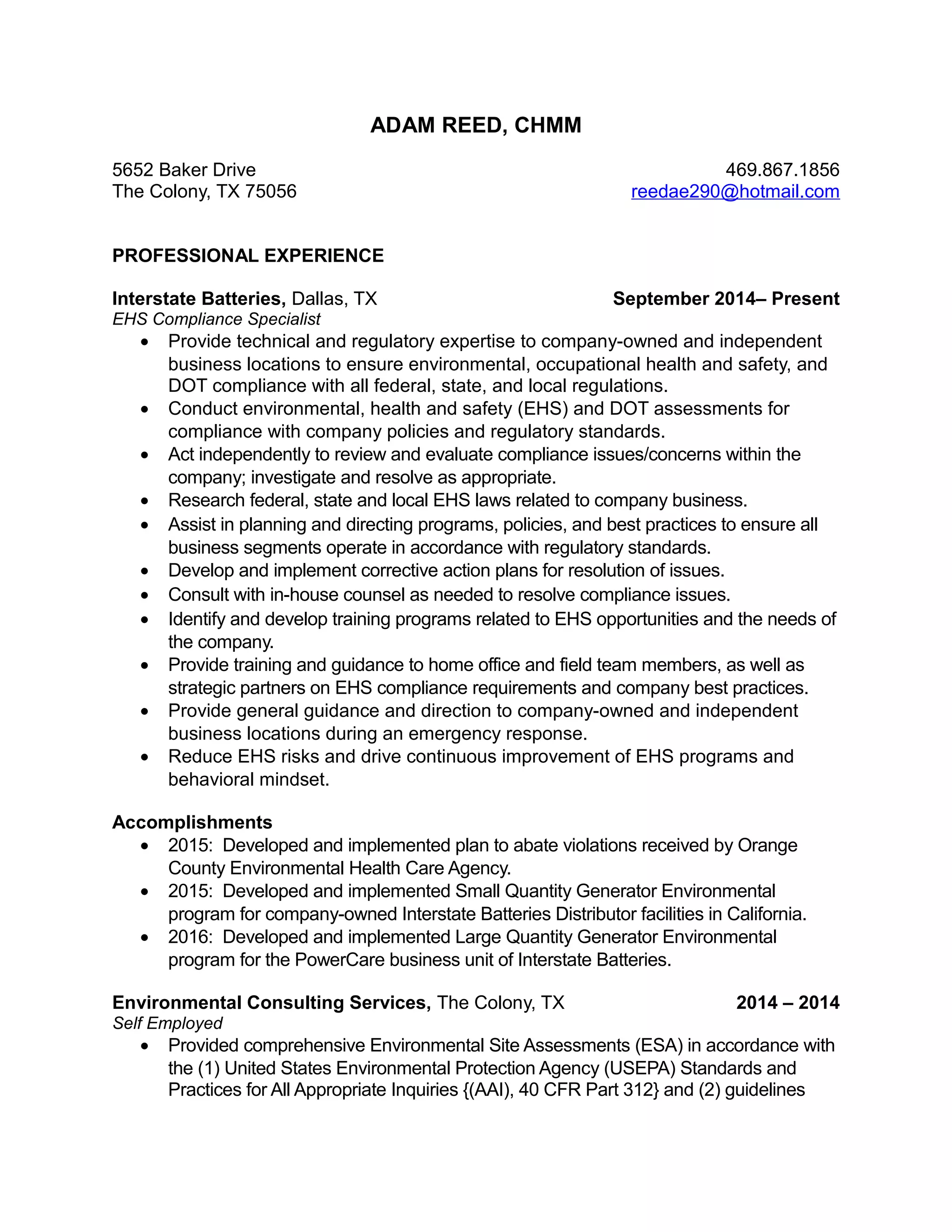 Adam_Reed_Resume | DOC | Environmental Services Industry | Industries