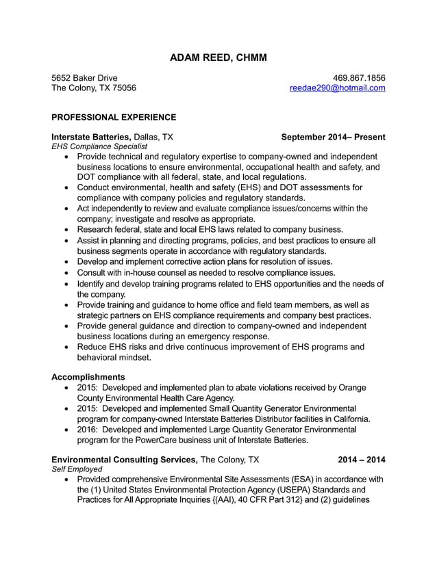 Adam_Reed_Resume | DOC | Environmental Services Industry | Industries