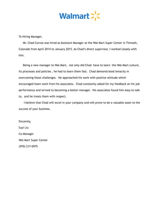 Wal-Mart Manager Recommendation for Chad Correa | PDF