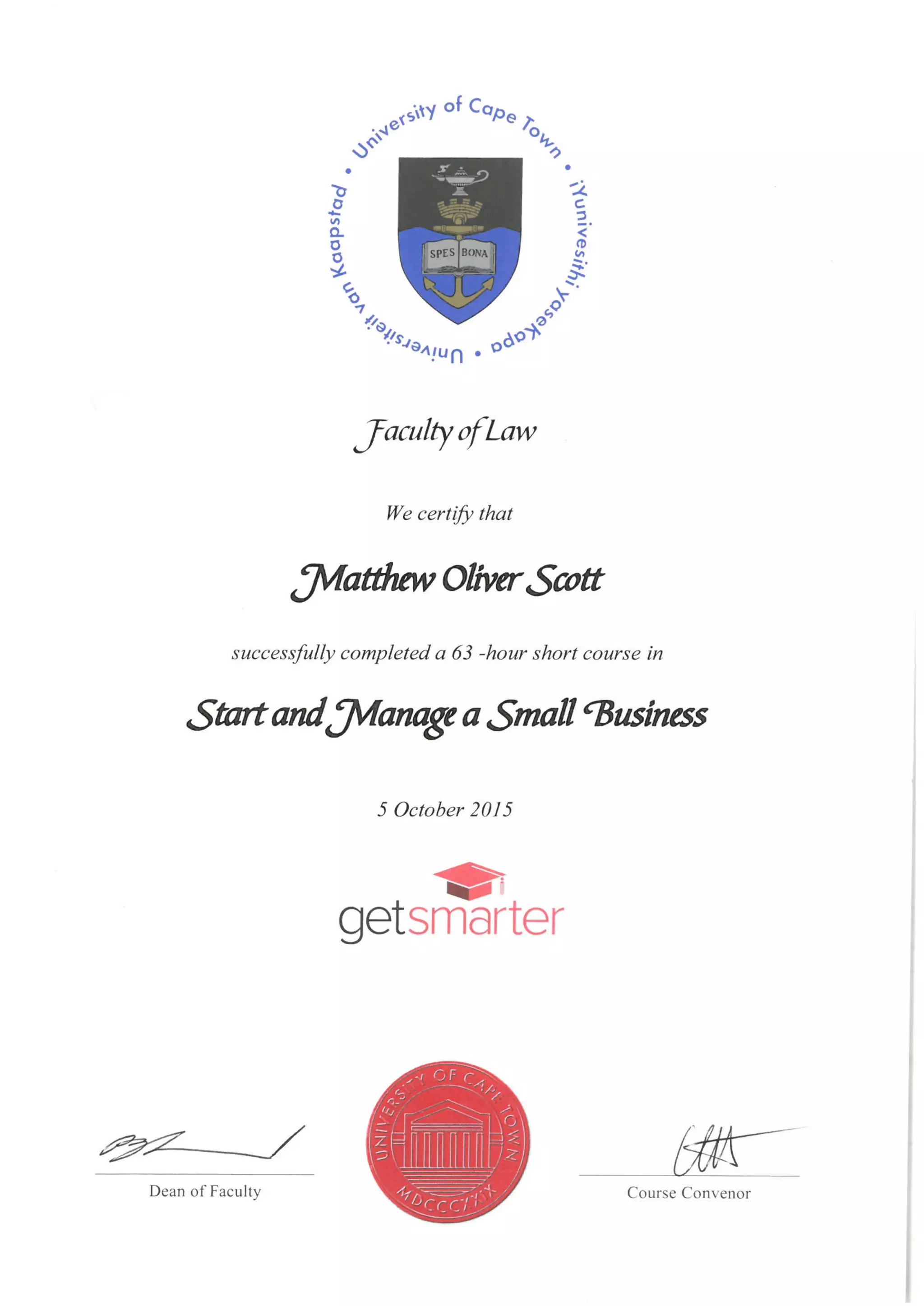 MATT UCT CERTIFICATE | PDF