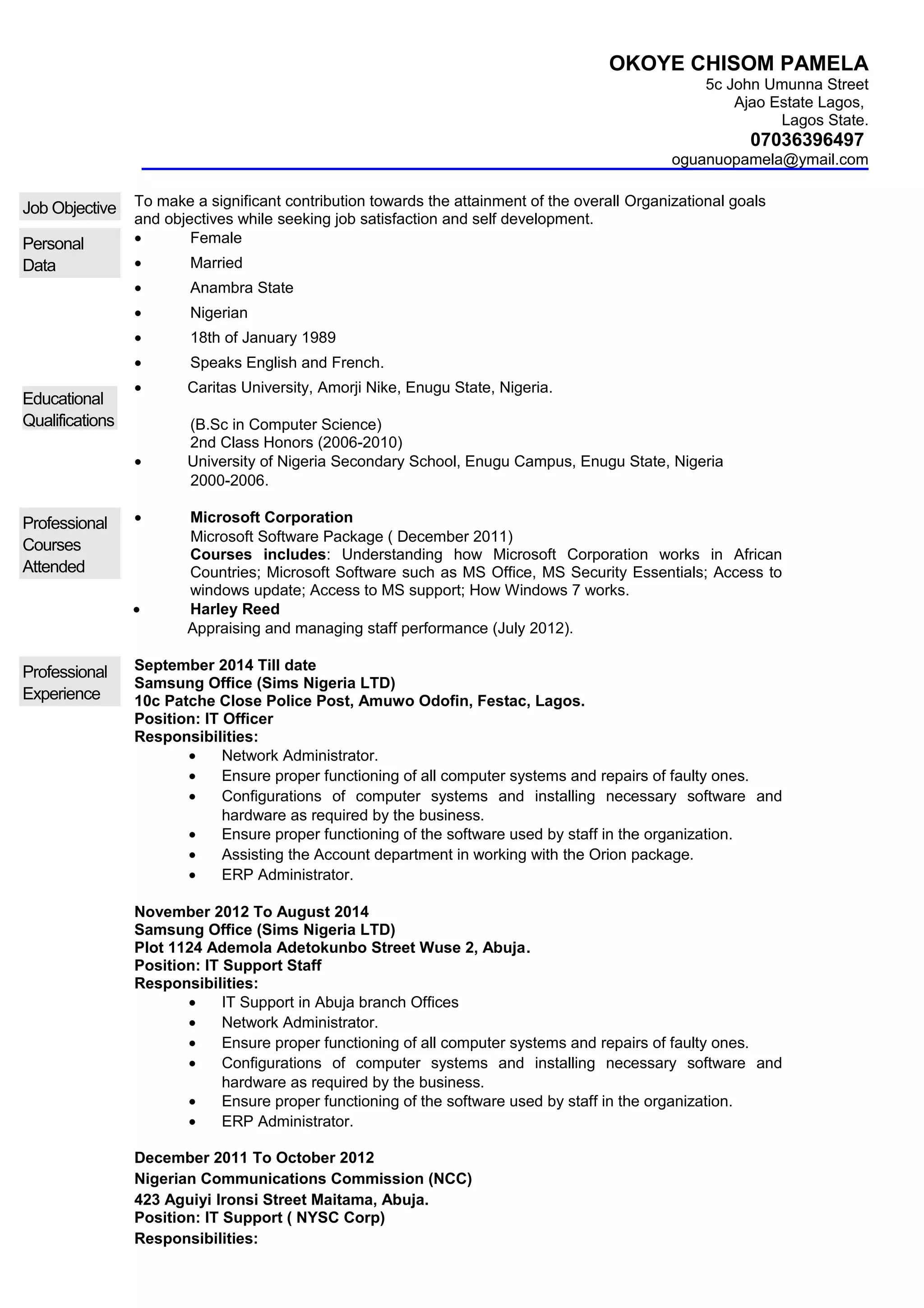 OKOYE CHISOM PAMELA CV | DOC