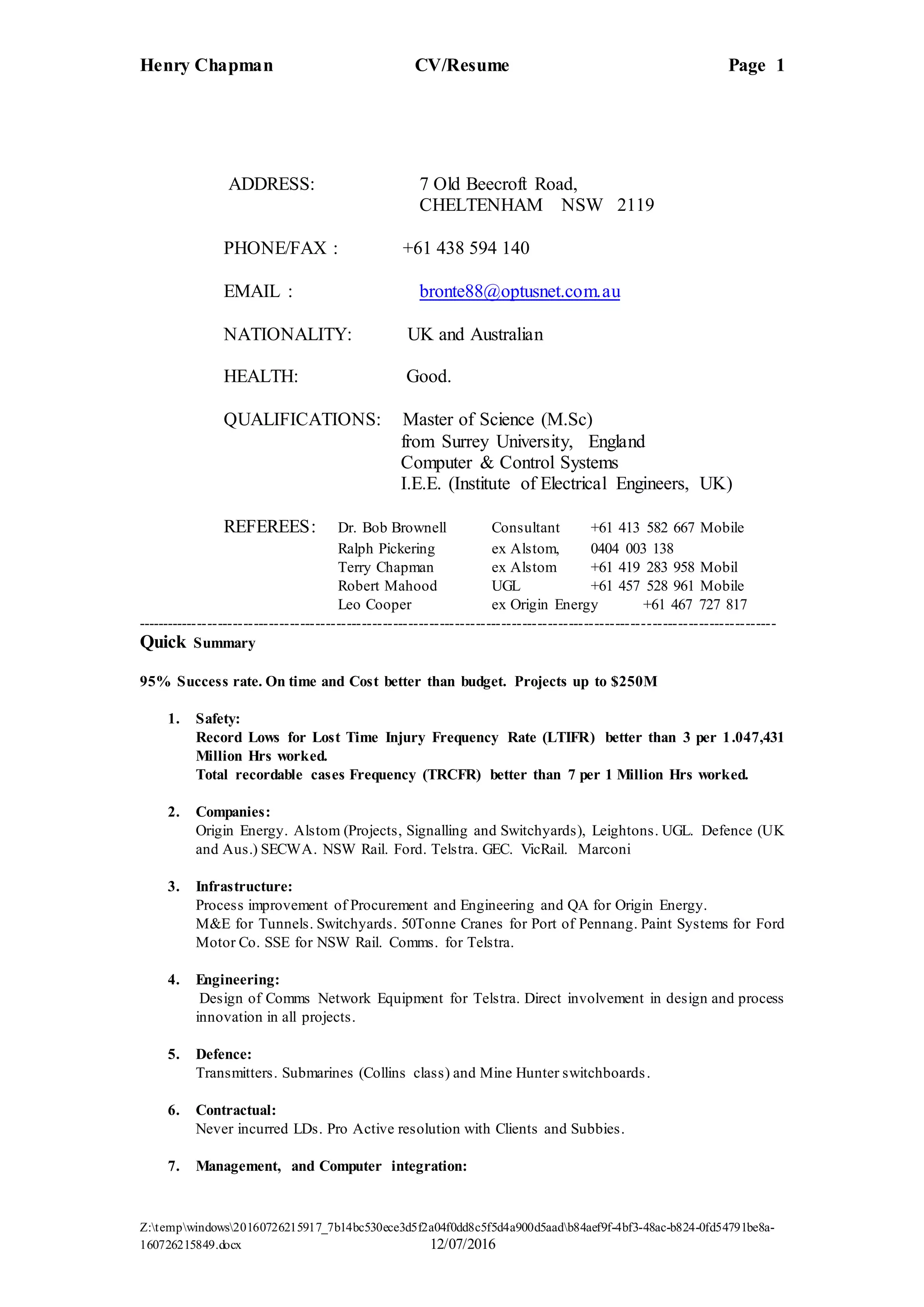 CV, Henry Chapman, 12 Jul 16 | DOCX