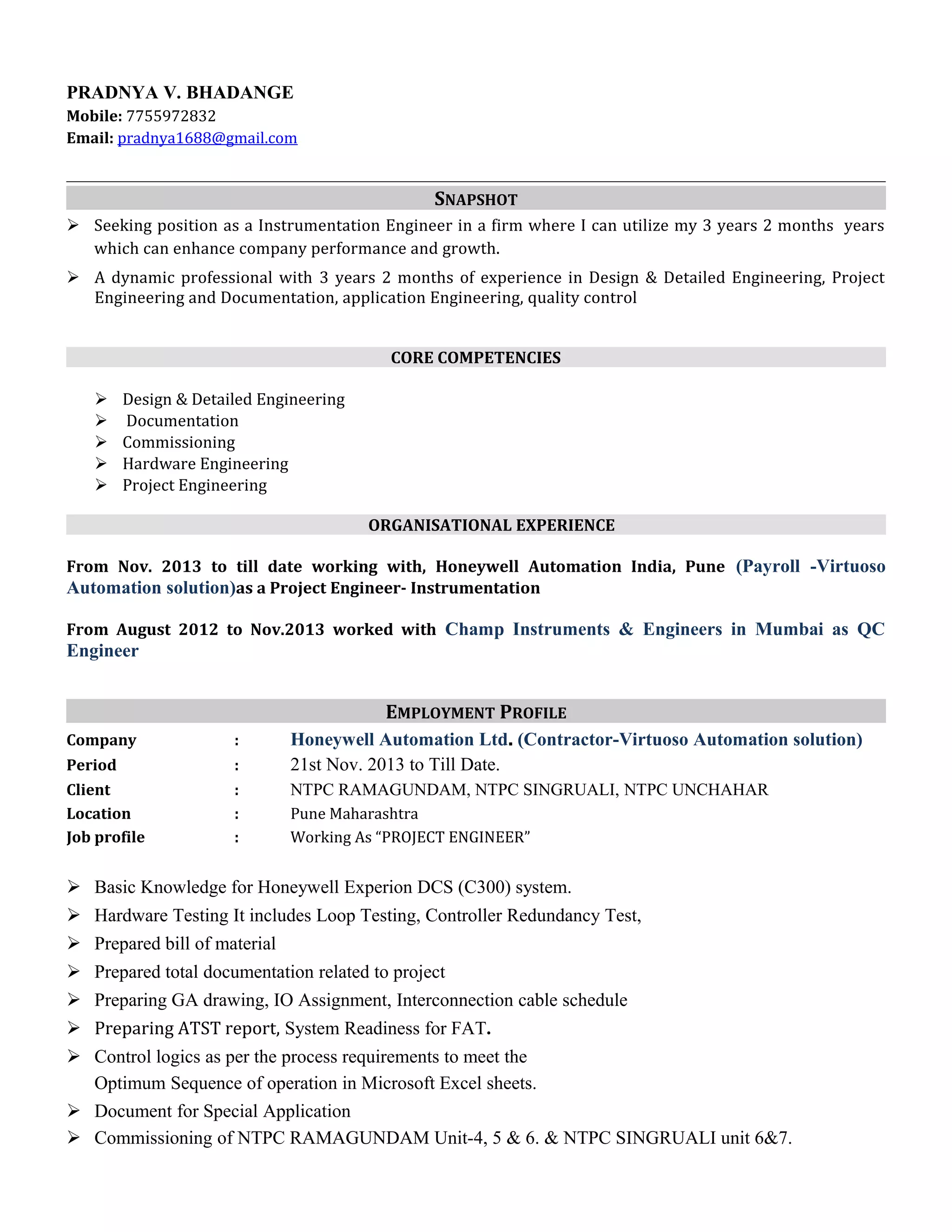 Pradnya Bhadange resume having 3 years 2 months of experience in instrumentation and control | DOC