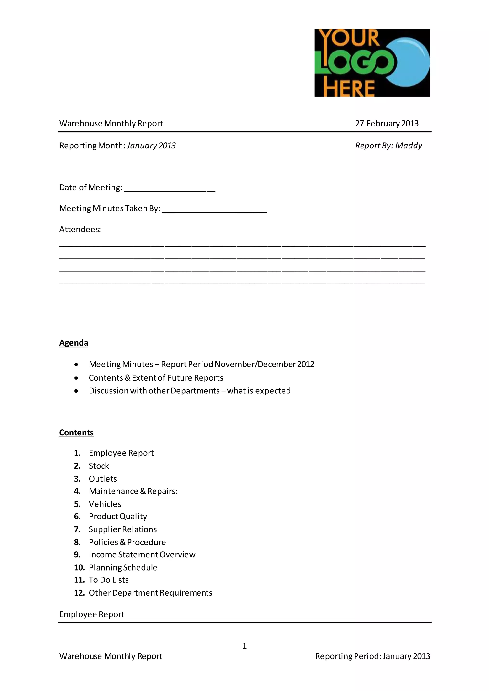 Example Warehouse Monthly Report Template | DOCX