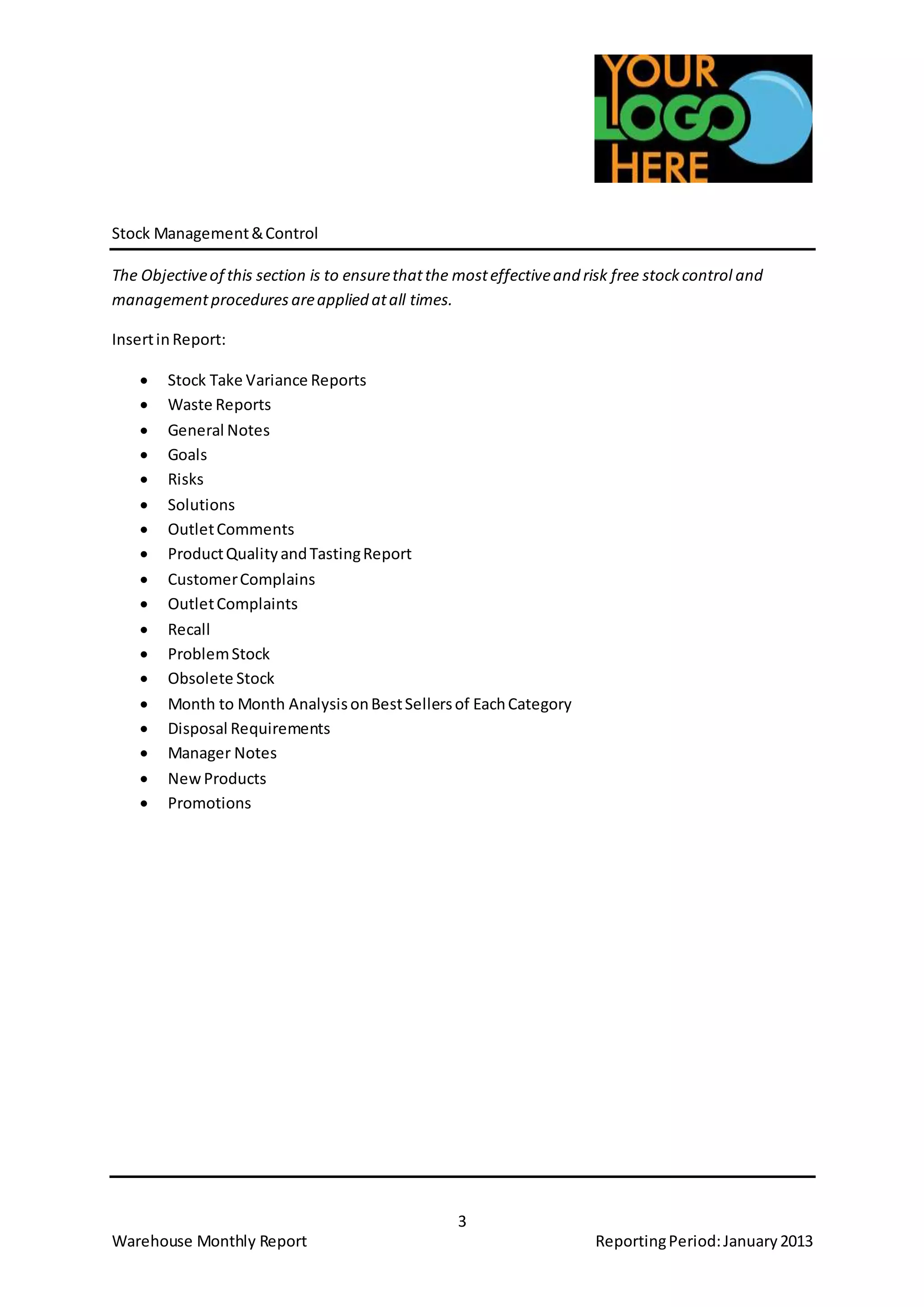 Example Warehouse Monthly Report Template | DOCX