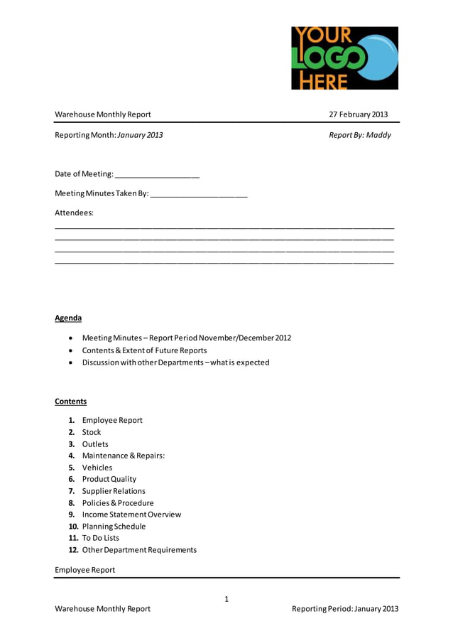 Example Warehouse Monthly Report Template