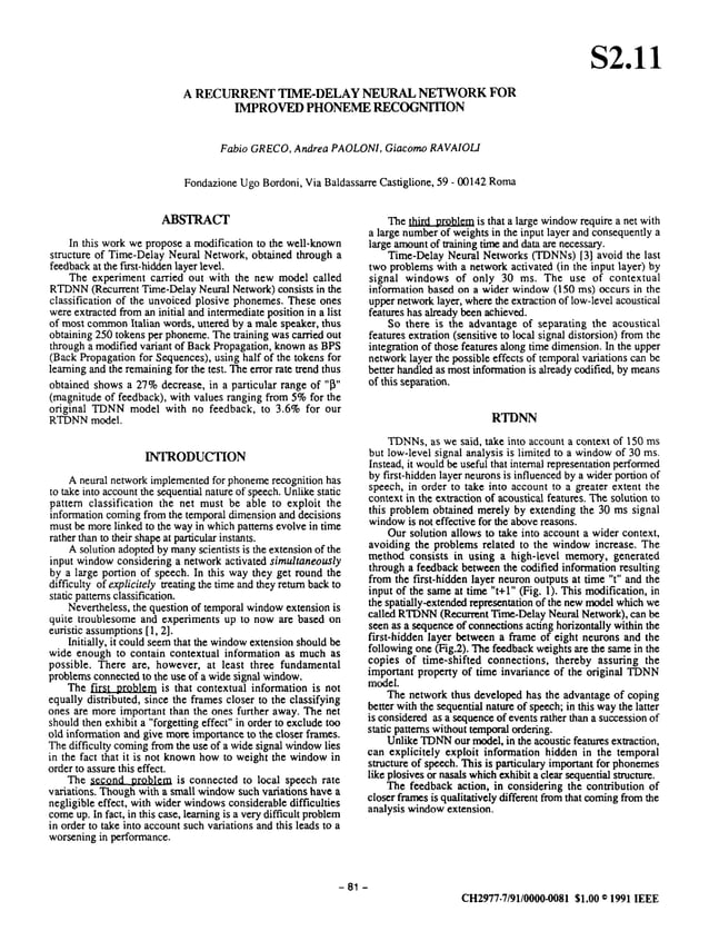 Recurrent Time-Delay Neural Network - Fabio Greco - ICASSP 91 | PDF | Digital Audio | Computer ...