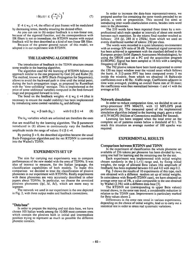 Recurrent Time-Delay Neural Network - Fabio Greco - ICASSP 91 | PDF