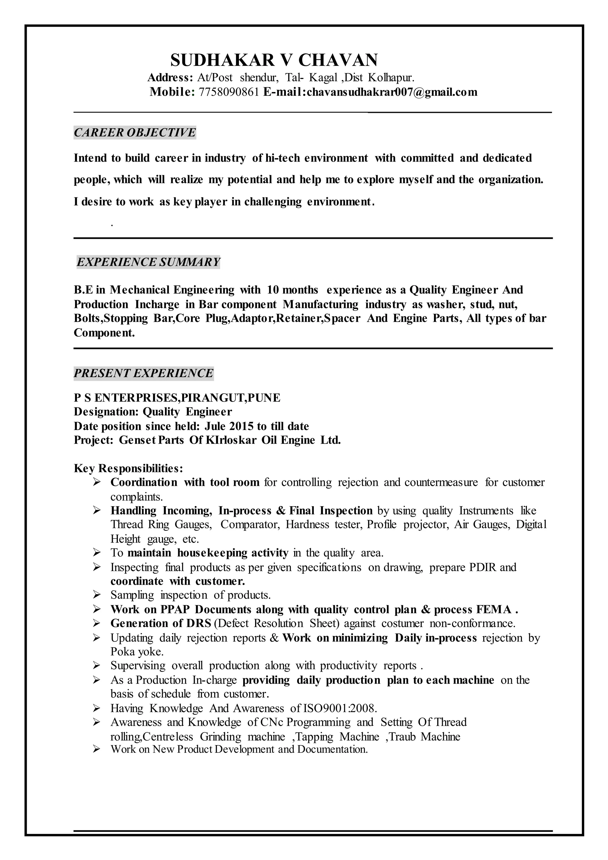 Sudhakar new experience cv | DOCX