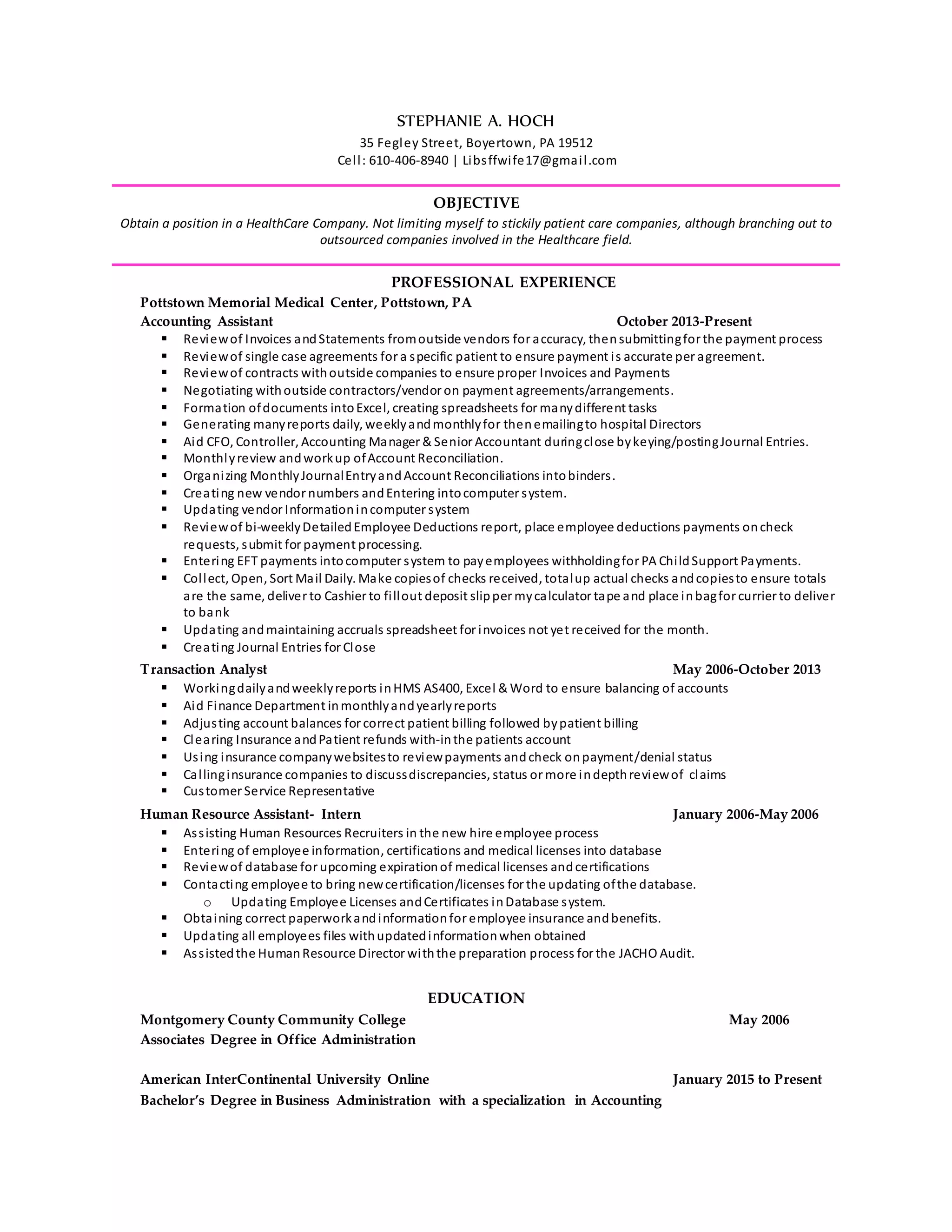 Stephanie A Hoch's Resume 2015- Healthcare | DOCX | Healthcare Industry ...