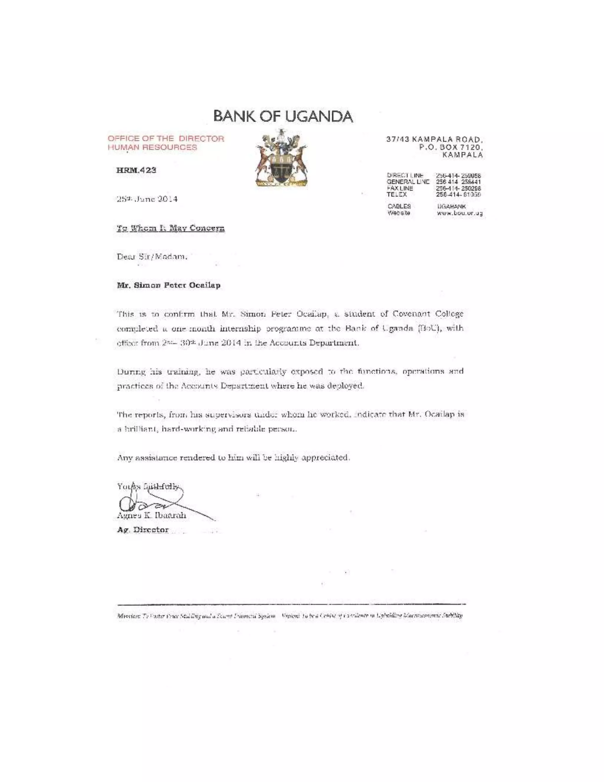 Bank of Uganda Recommendation letter | DOCX