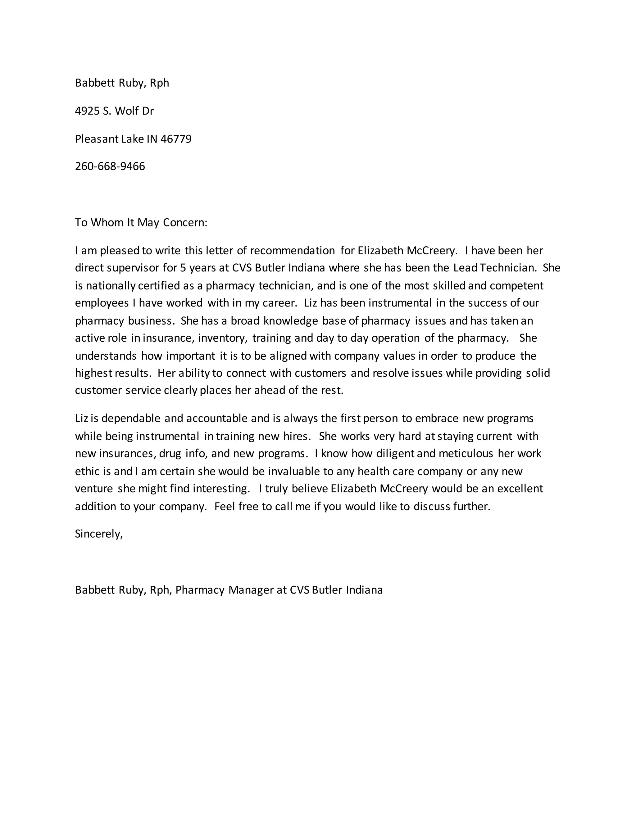 Letter of Recommendation from Babbett | DOCX