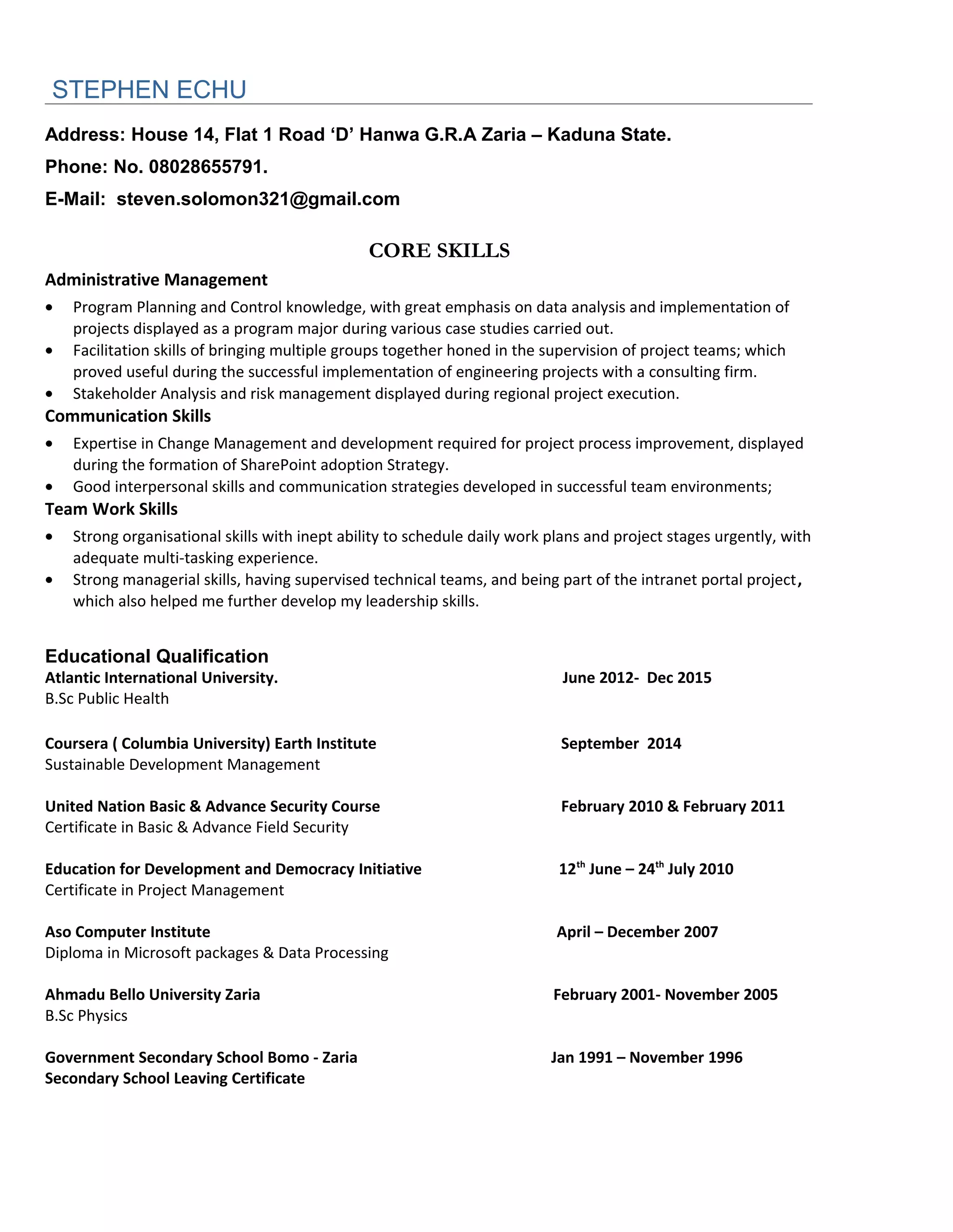 Stephen Echu Resume | DOC | Physical Therapy | Wellness