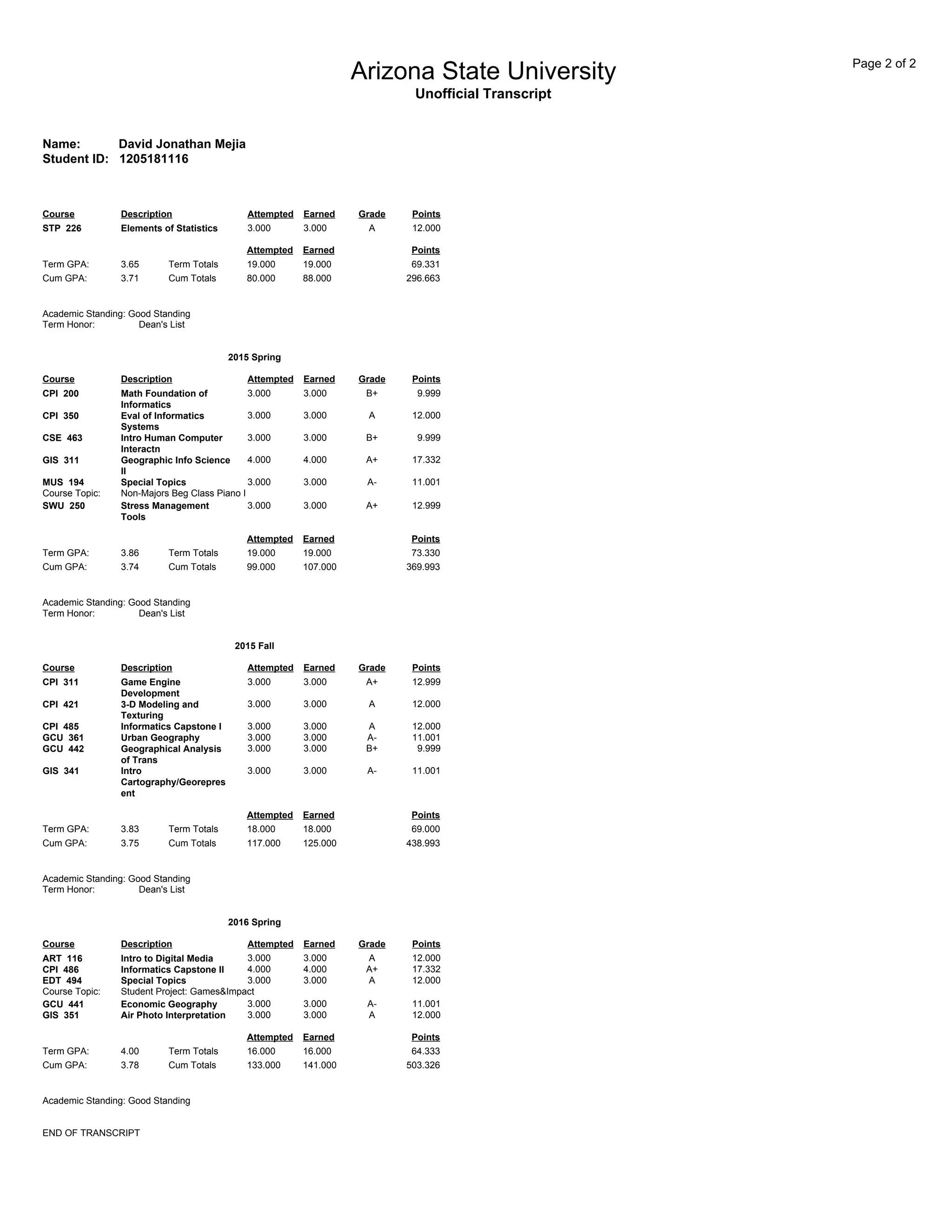 Unofficial Transcripts David Mejia | PDF