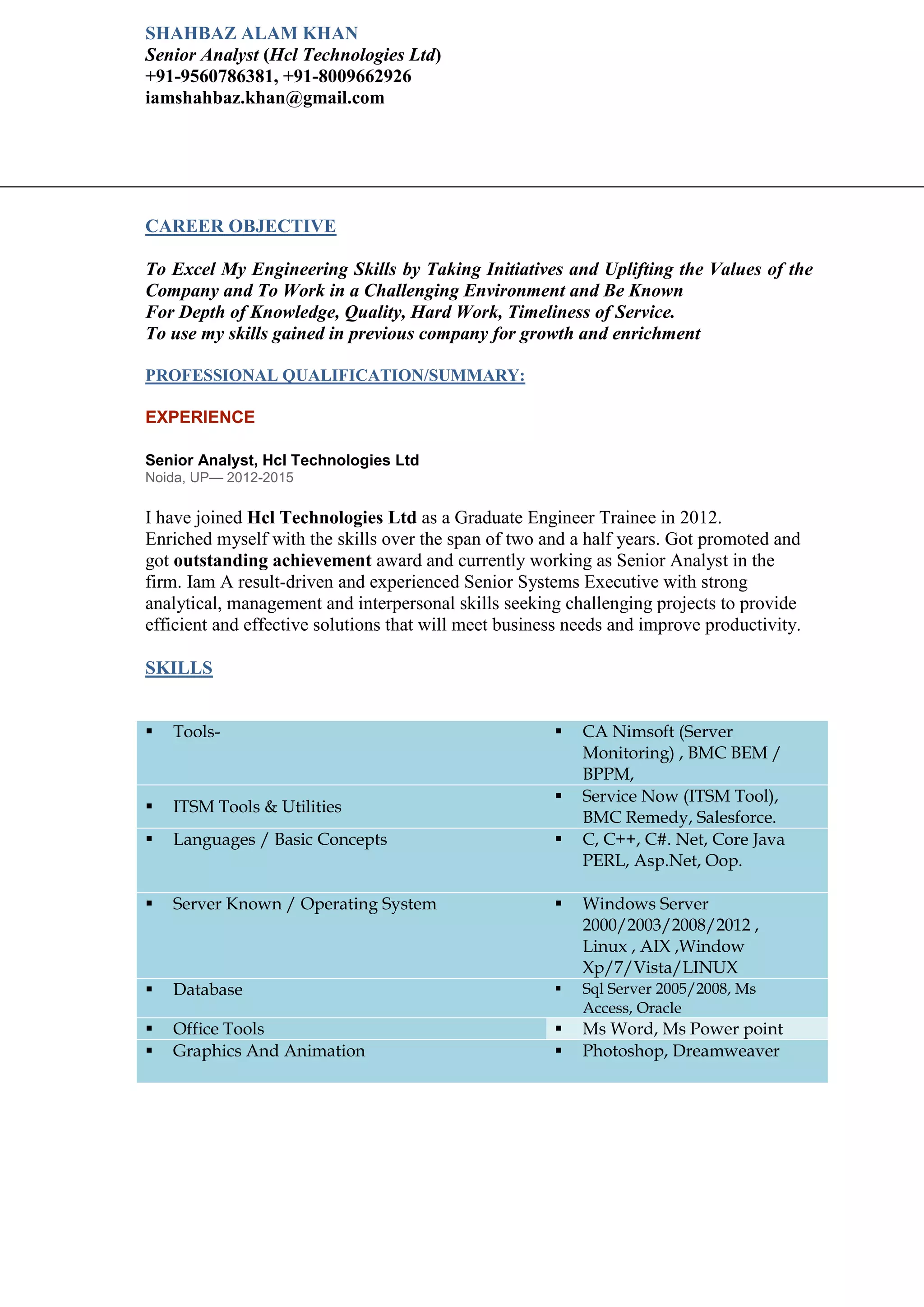 SHAHBAZ KHAN'S RESUME | PDF | Operating Systems | Computer Software and Applications