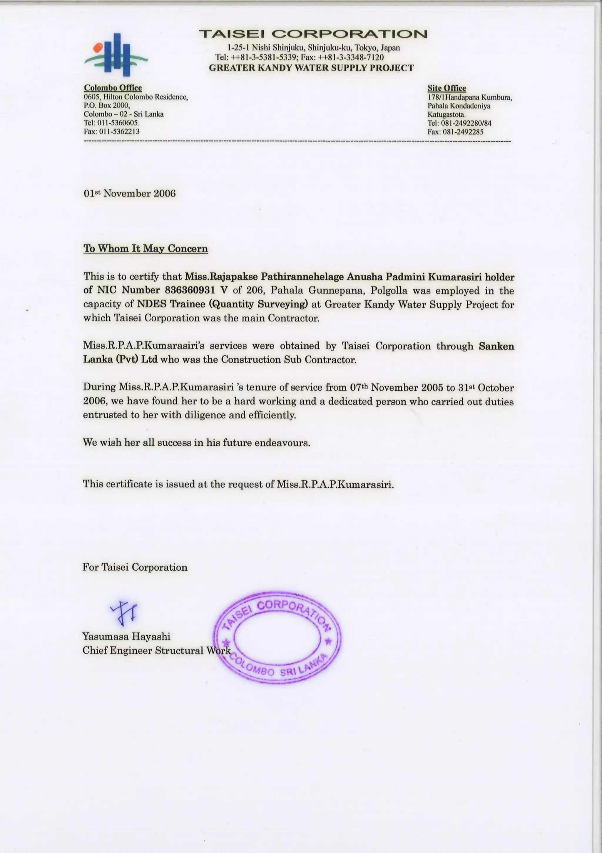 Service Letter - 3 Greater Kandy Water Supply Project | PDF