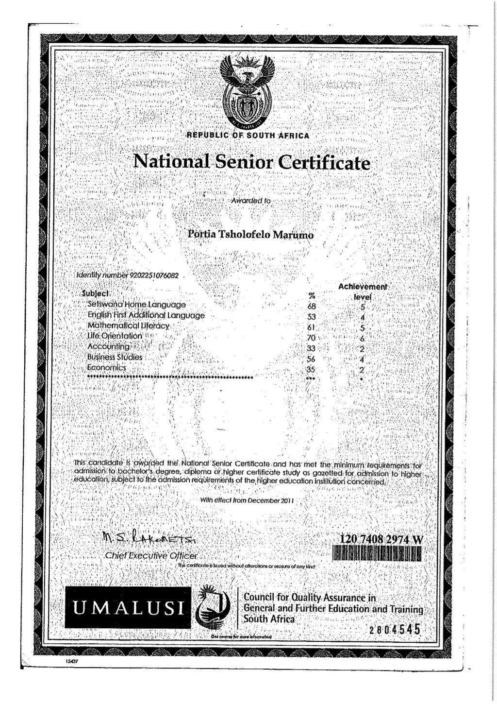 Matric Certificate Matric Certificate
