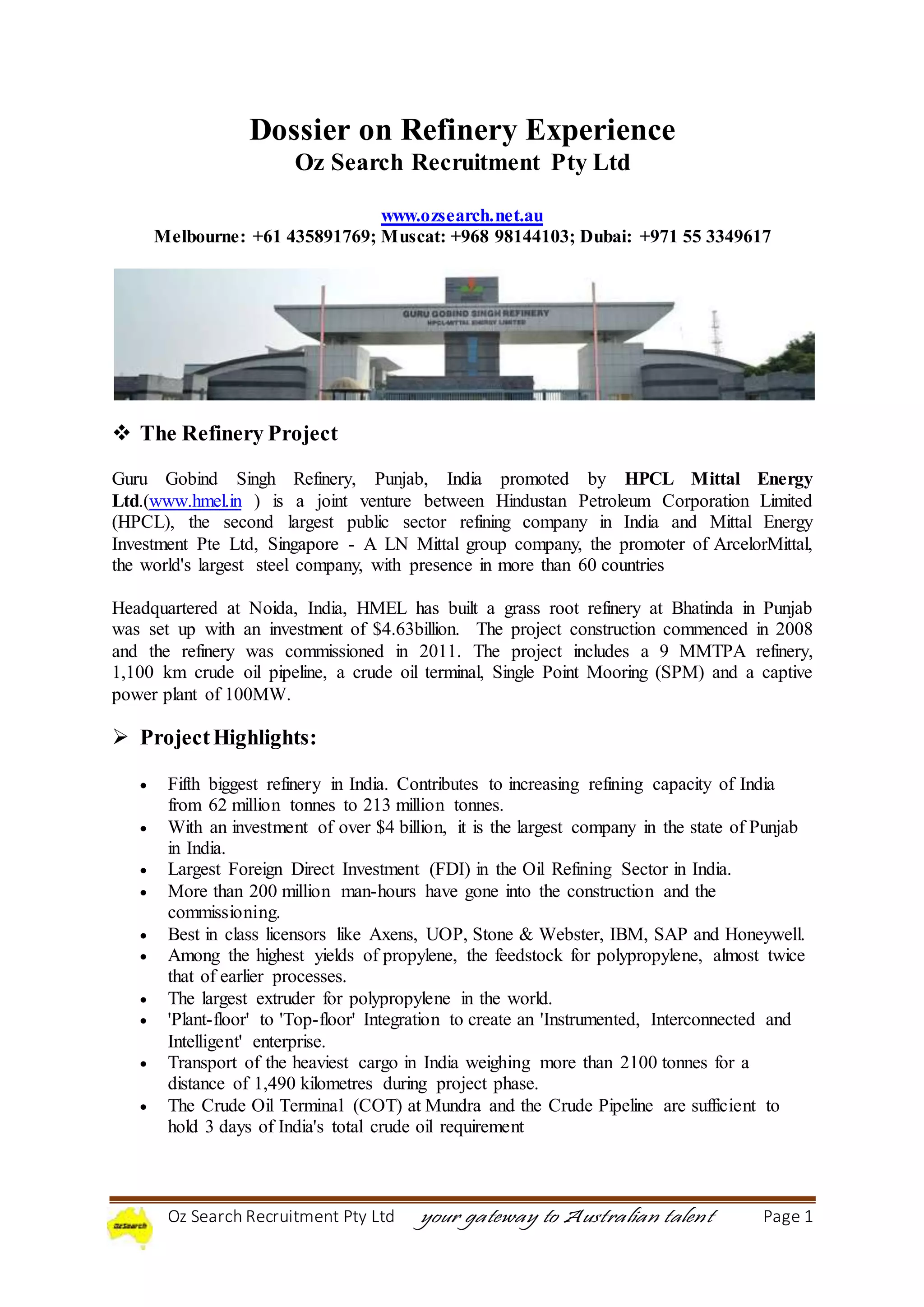 Dossier on Refinery Experience | DOCX