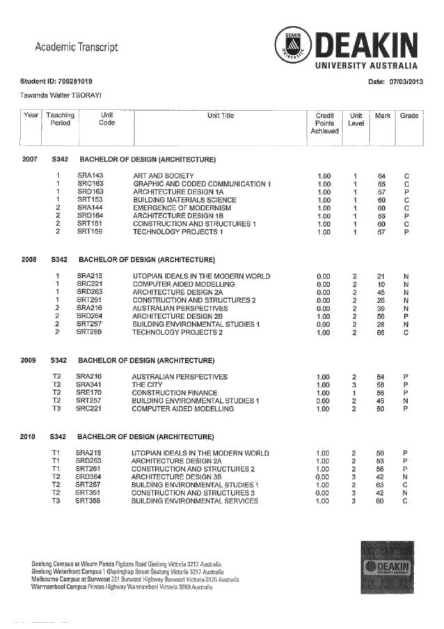 Deakin University Transcript of Results