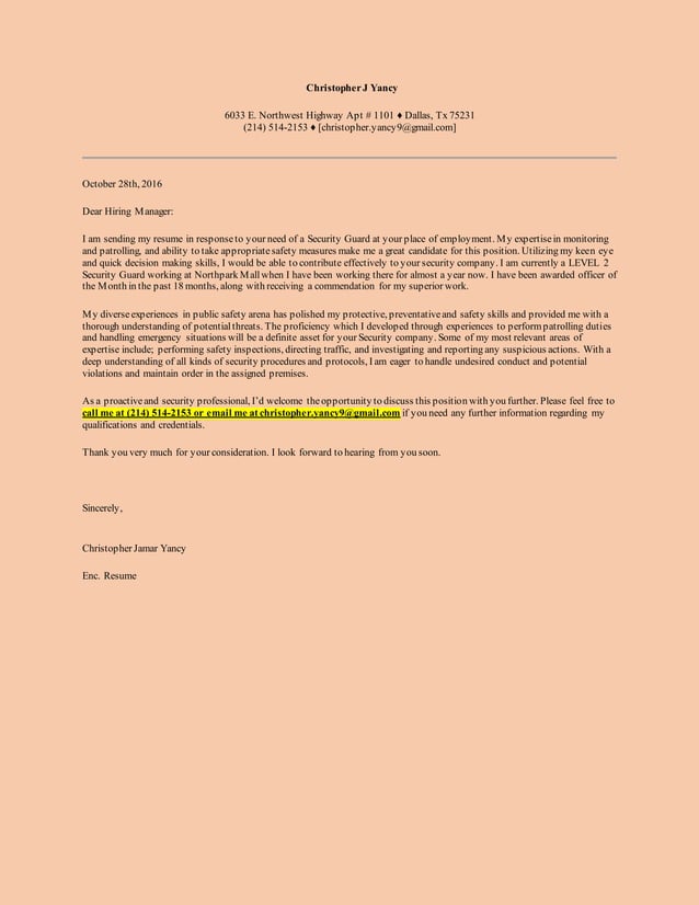 Christopher J Yancy 2016 Security LE Cover Letter | PDF