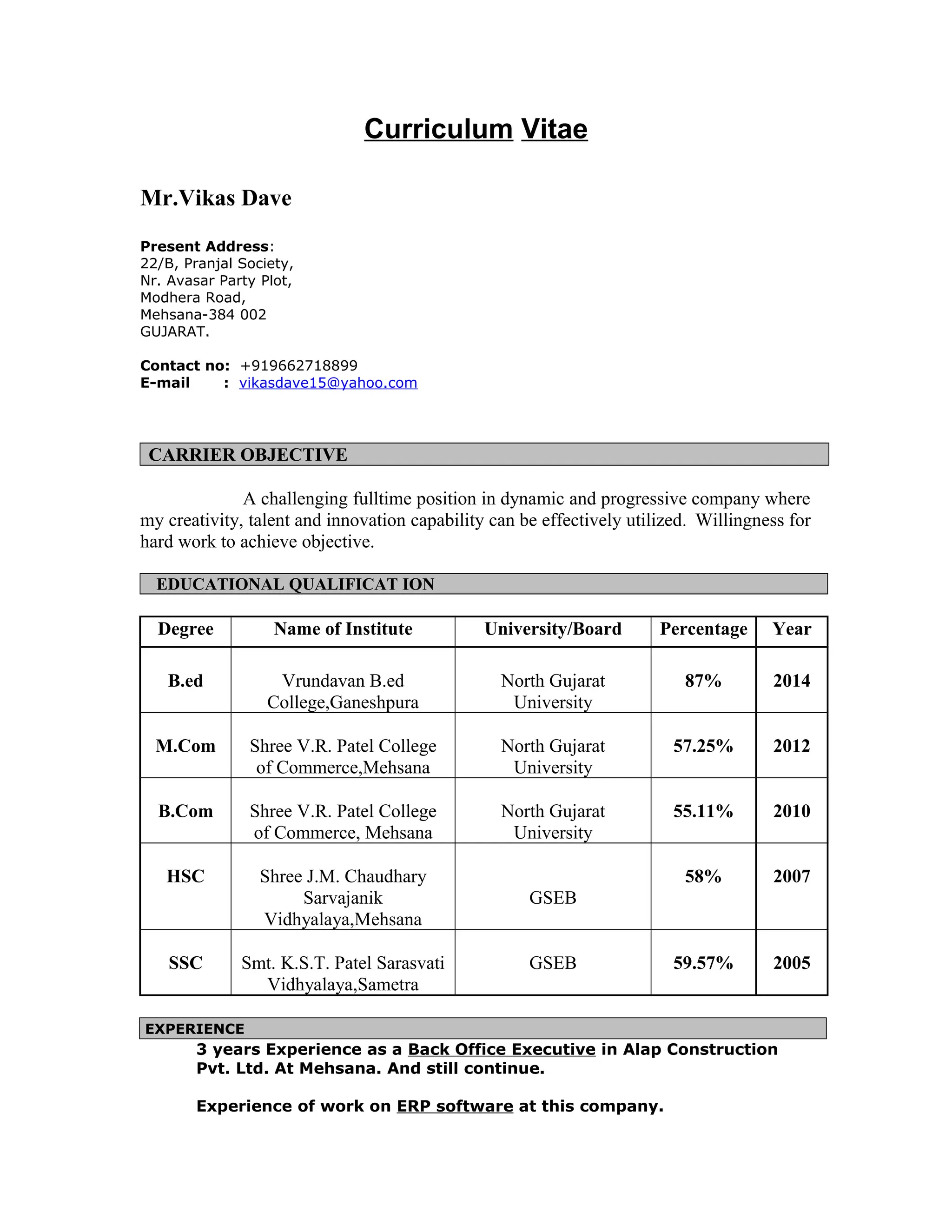 Vikas Dave Resume - Back office | DOC
