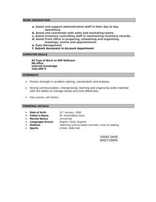 Vikas Dave Resume - Back office | DOC