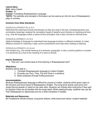 Shakespearean Language Lesson | PDF