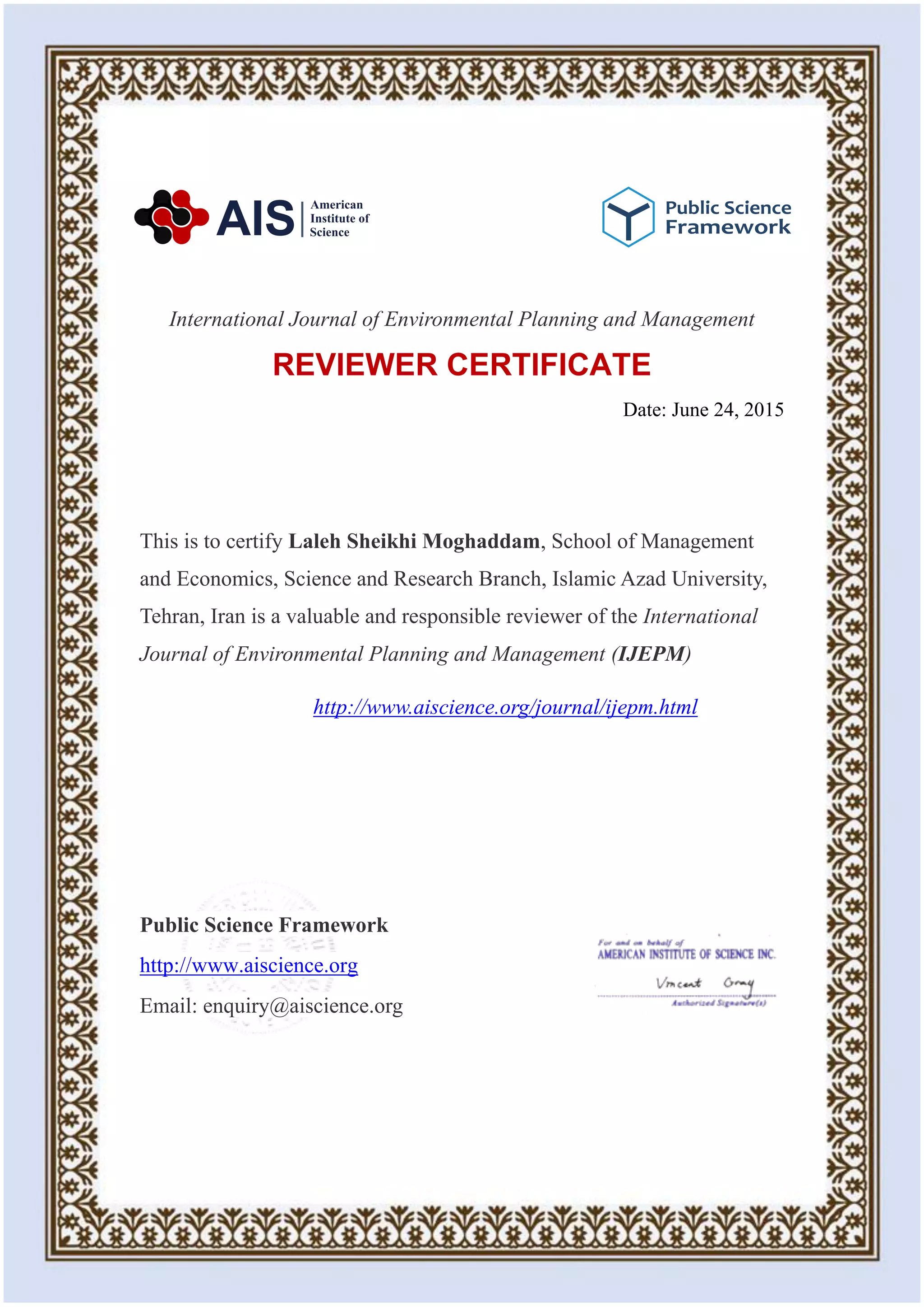 Reviewer Certificate1 | PDF