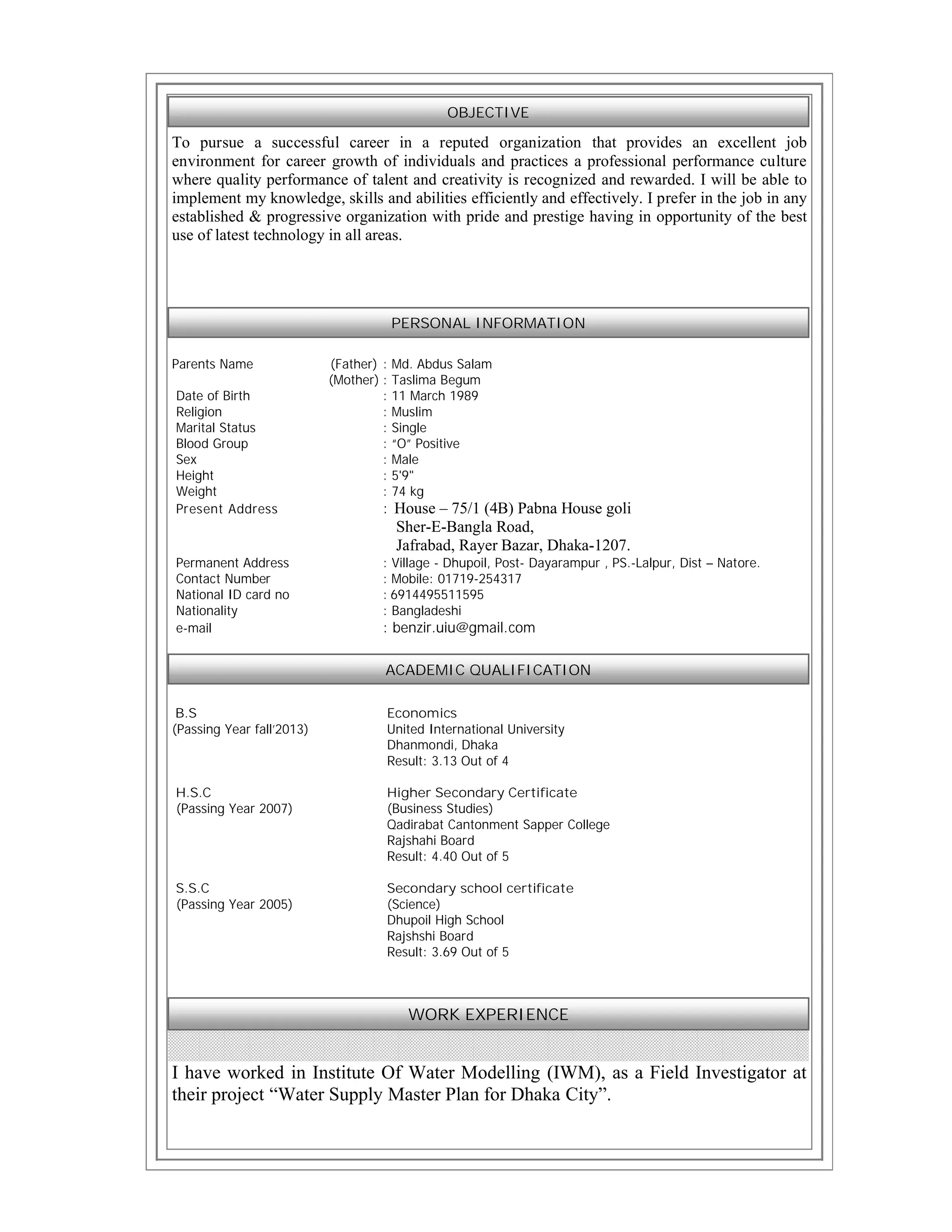 Resume of Benzir Ahemd(1) | PDF