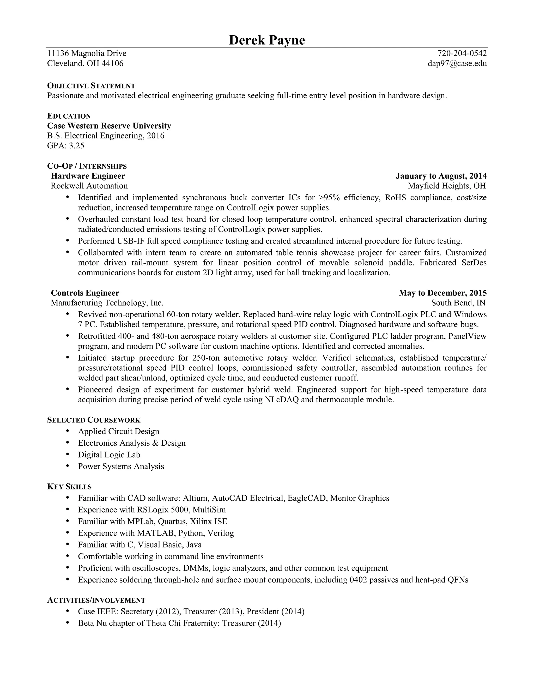 Derek Payne - Resume SPR16 | PDF | Radio Control | Hobbies & Interests