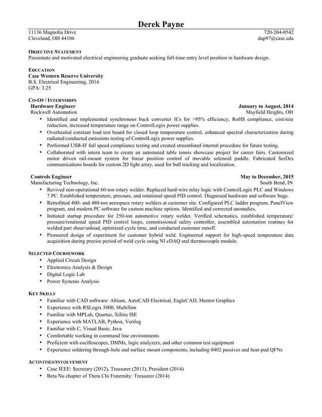 Derek Payne - Resume SPR16 | PDF | Radio Control | Hobbies & Interests