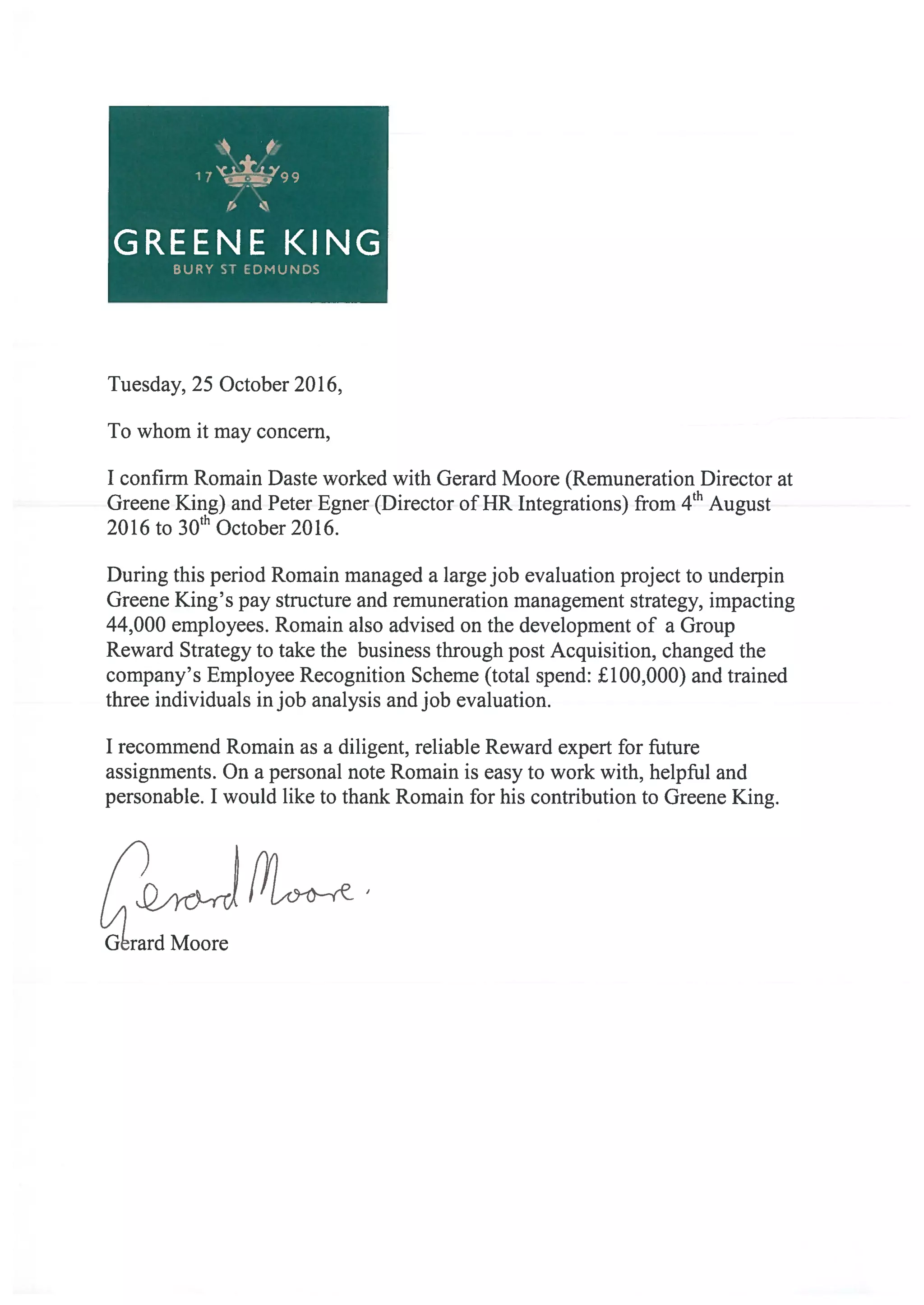 Greene King Gerard Moore Recommandation Letter Romain Daste Nov16 | PDF