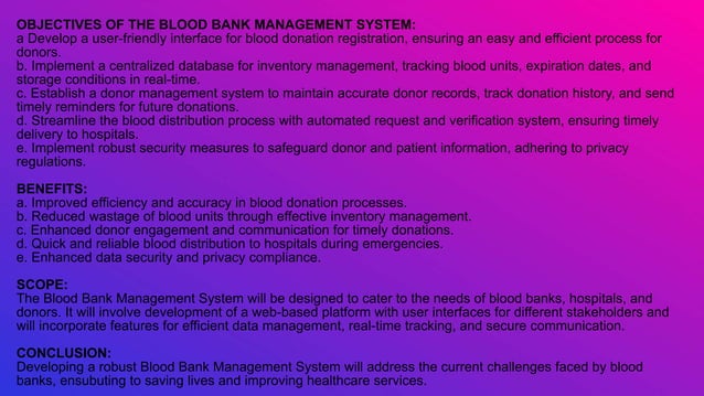 Efficient Blood bank management system.pptx | Databases | Computer ...