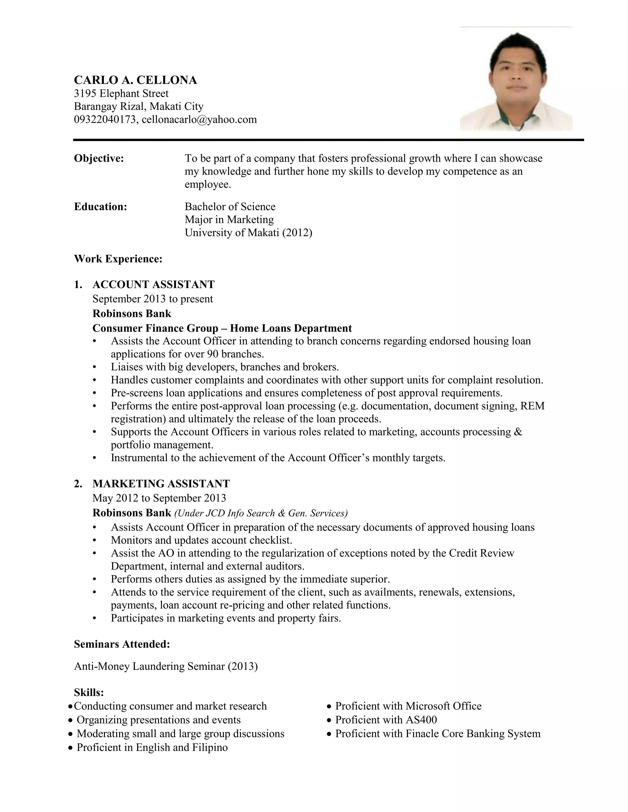 Carlo A. Cellona Resume | PDF | Business Banking & Finance | Business