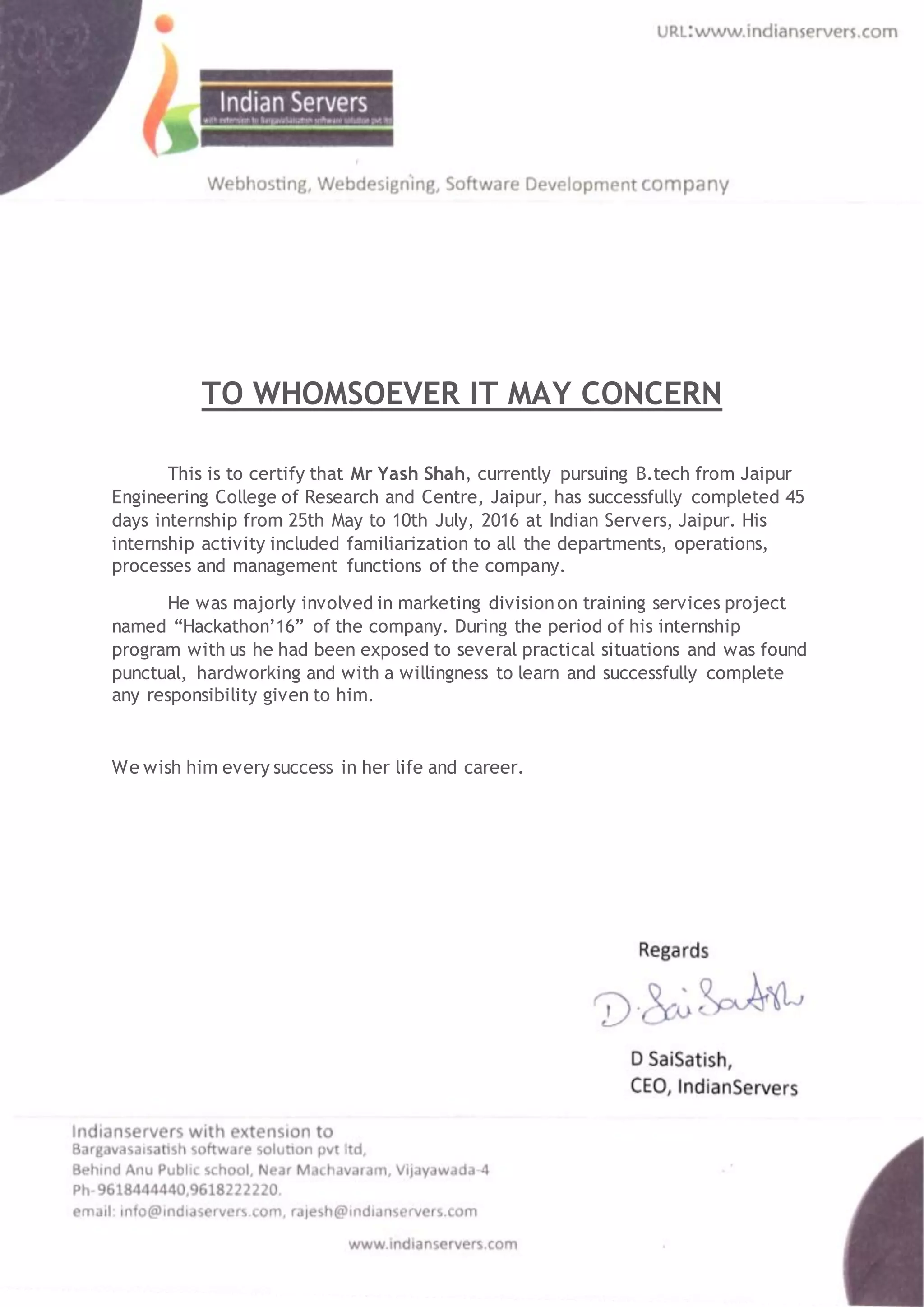 Yash Shah_Letter | PDF
