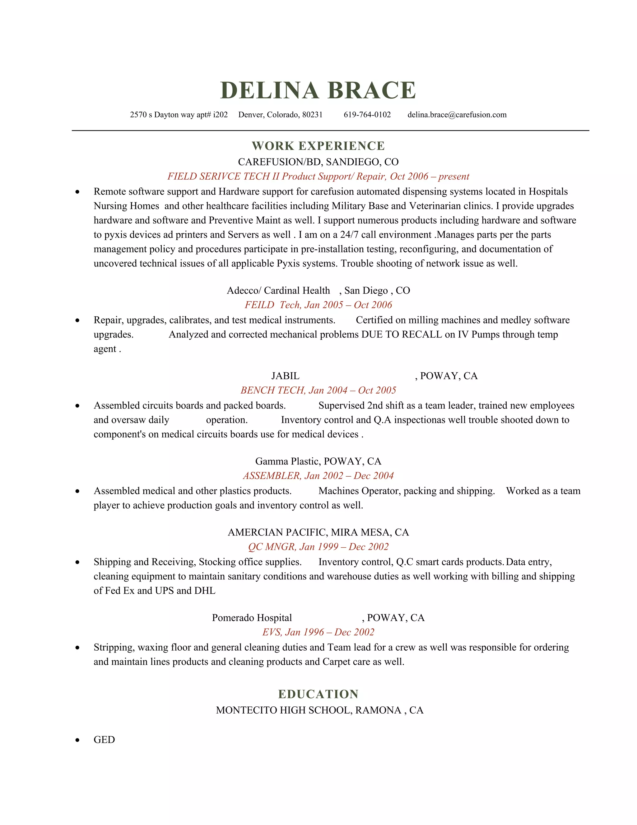 Delina Brace Resume | PDF