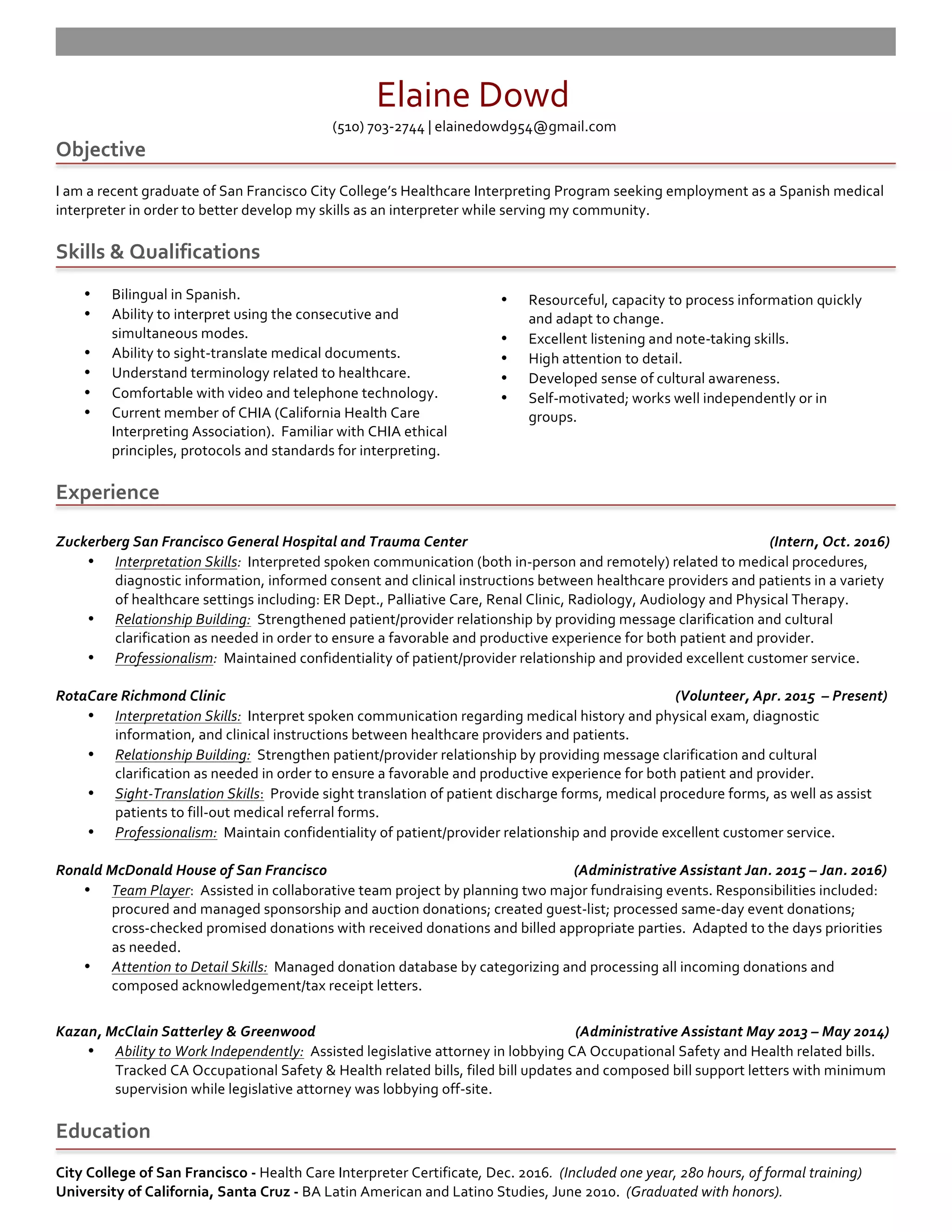 Elaine Dowd Interpreter Resume 2017 | PDF