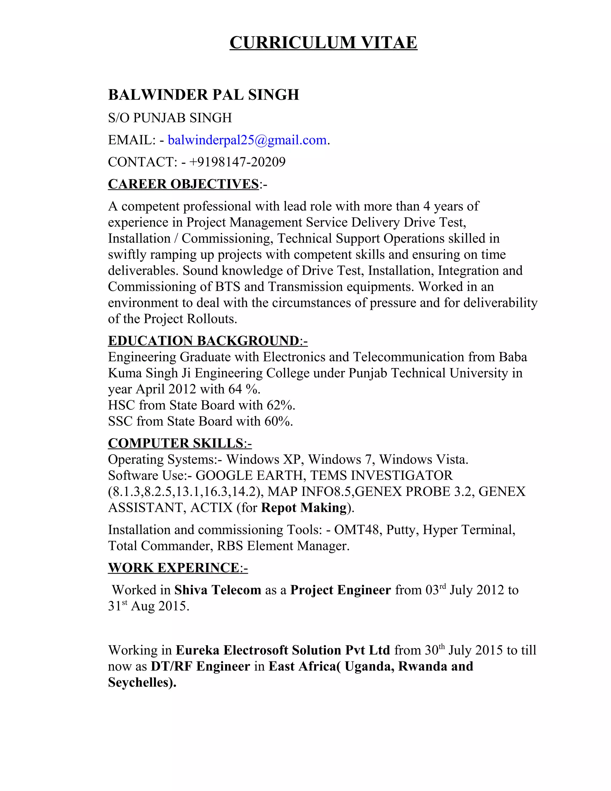 Balwinder Pal Singh CV RF | DOC