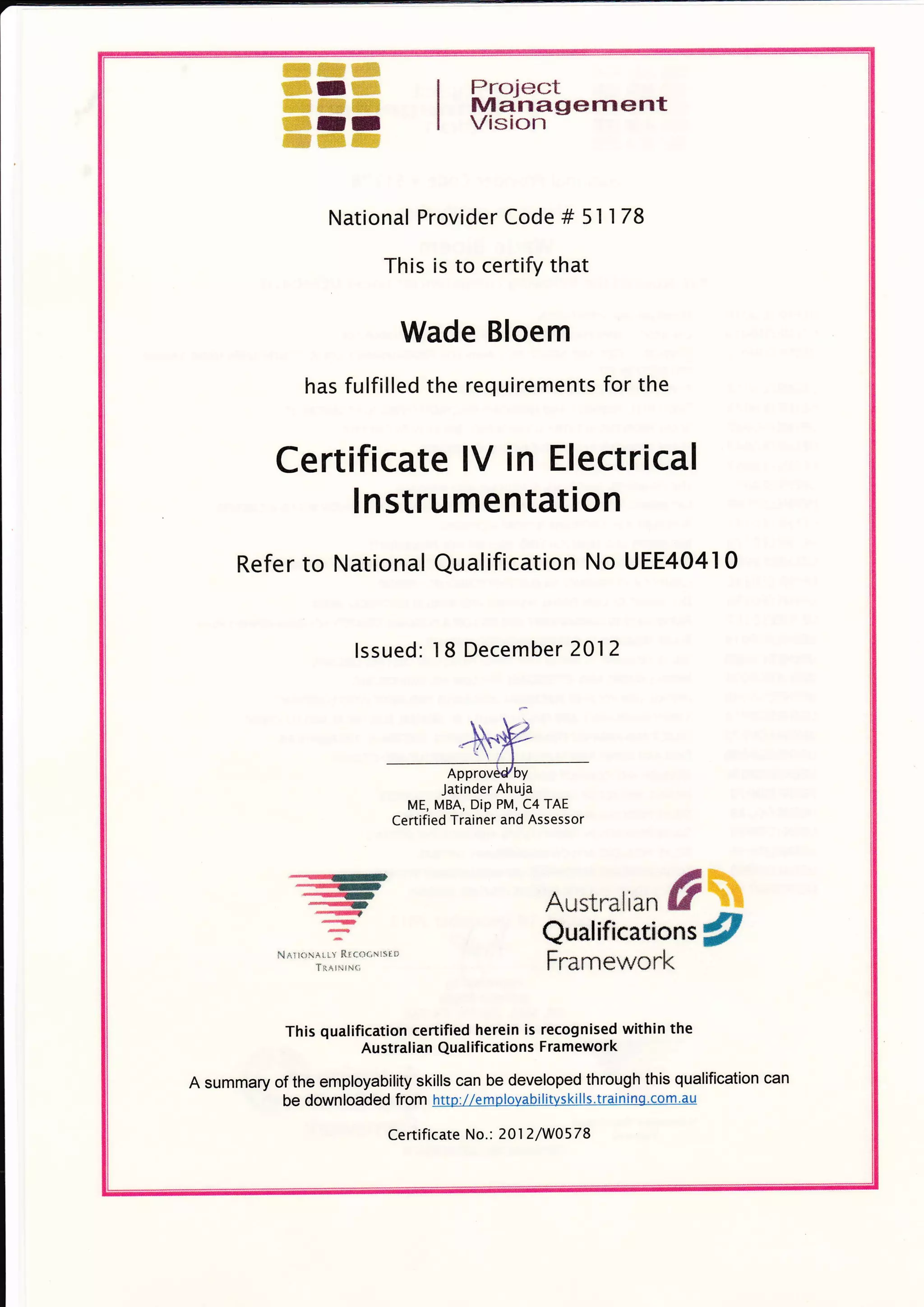 instrumentation cert front | PDF