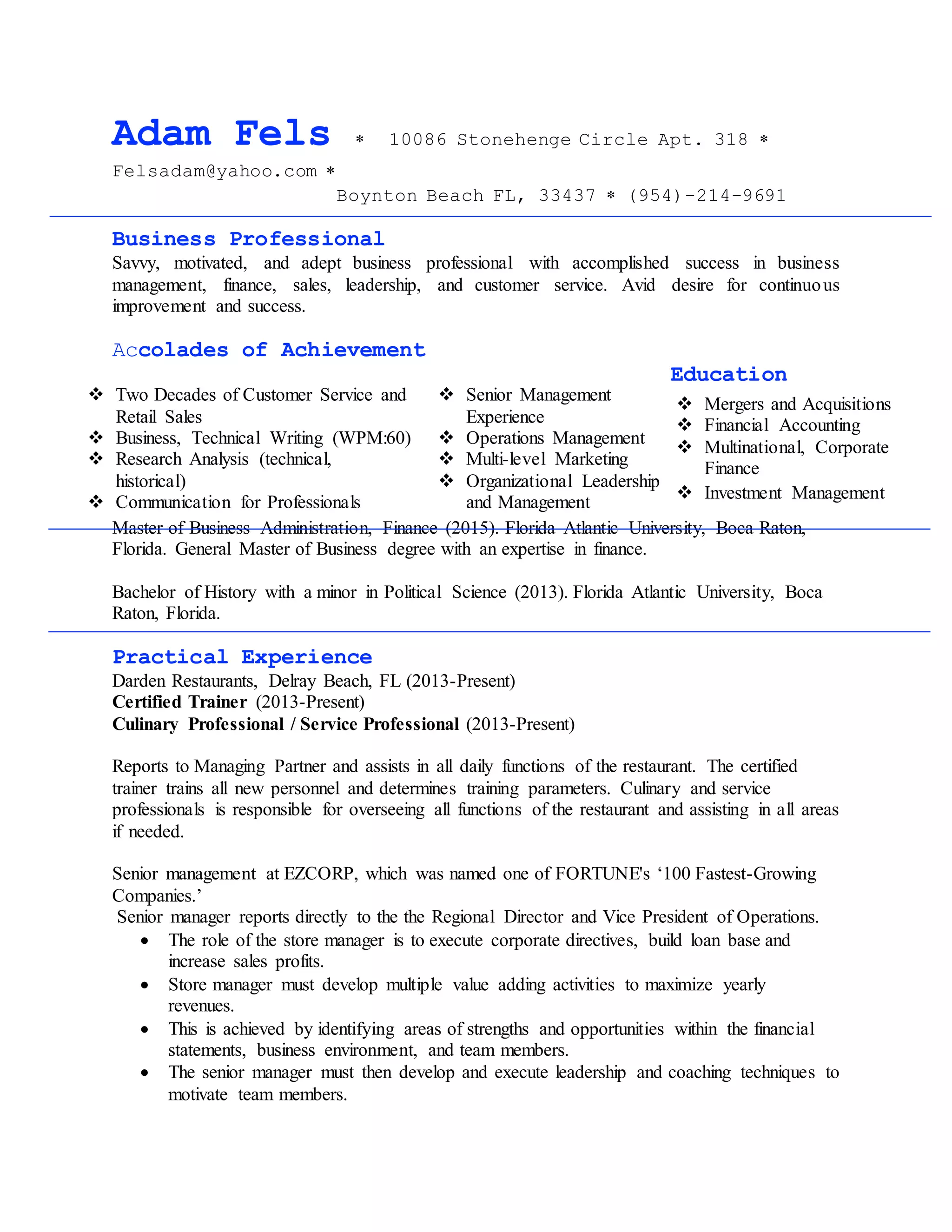 Adam Fels CV Resume | DOCX | Business Administration | Business