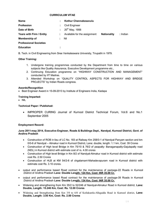 Chennakesavulu CV tendering format | PDF | Civil Engineering Industry | Industries