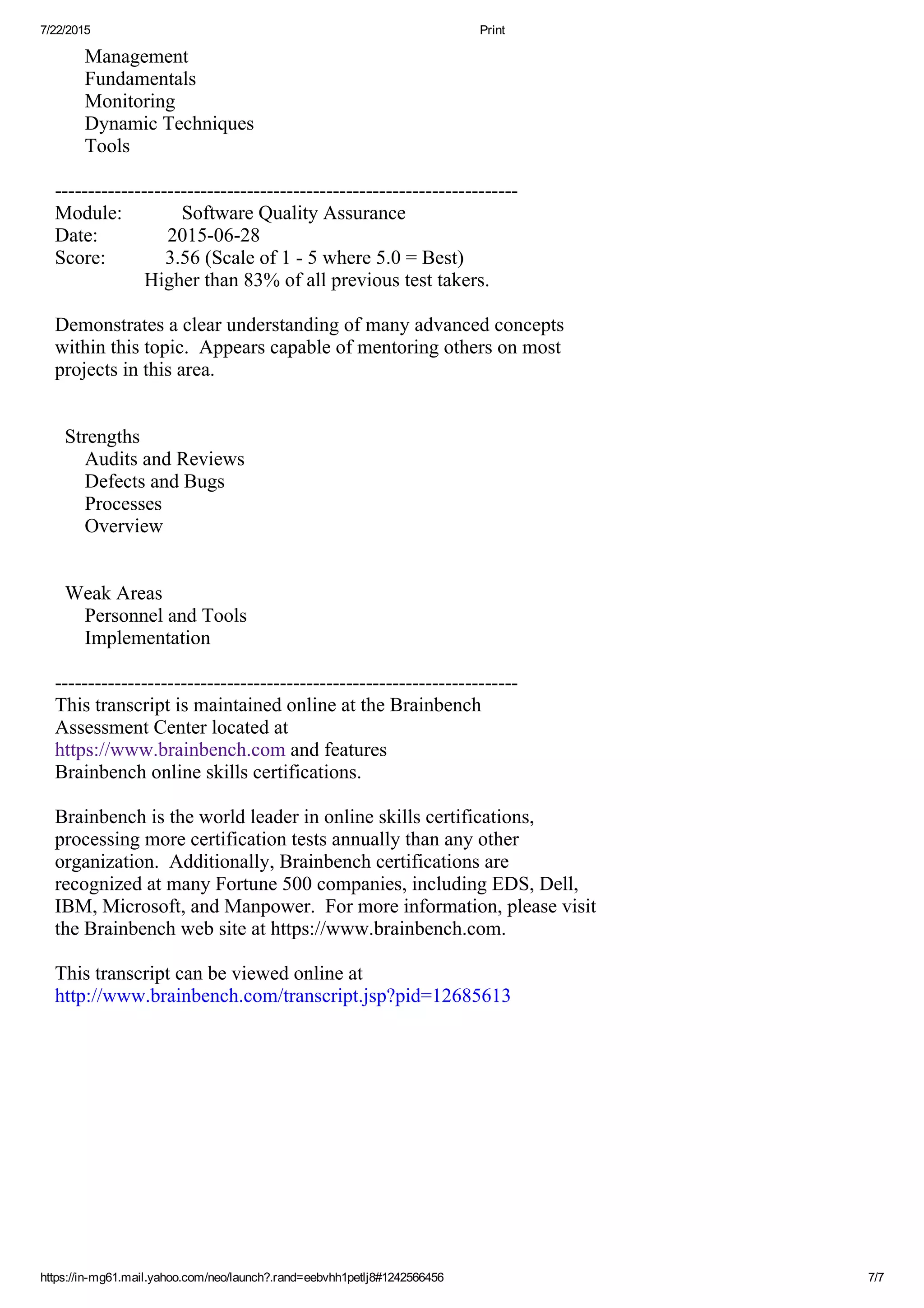 Brainbench Transcript | PDF