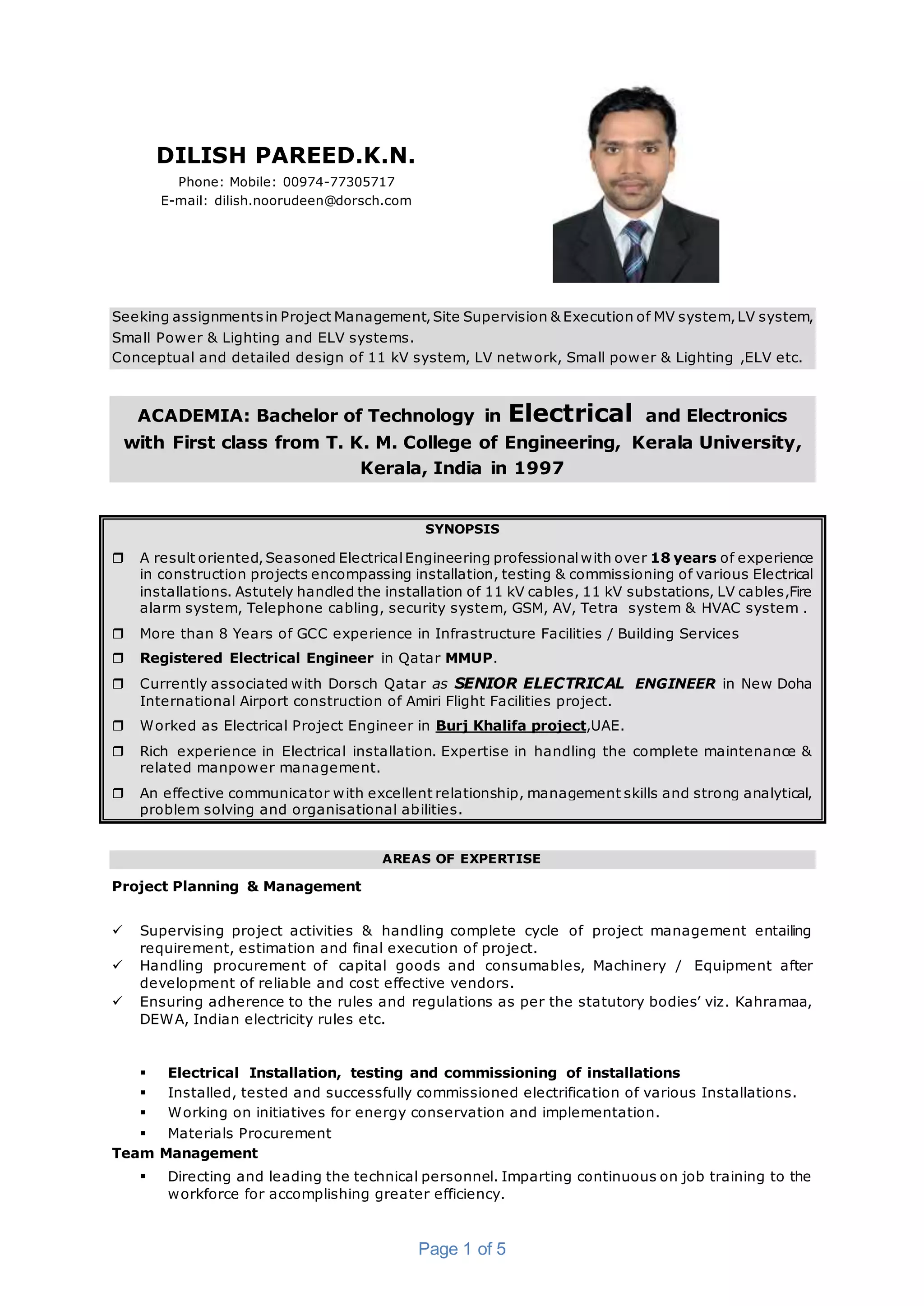 Dilish Pareed CV-Senior Electrical Engineer-construction,consultant | DOCX
