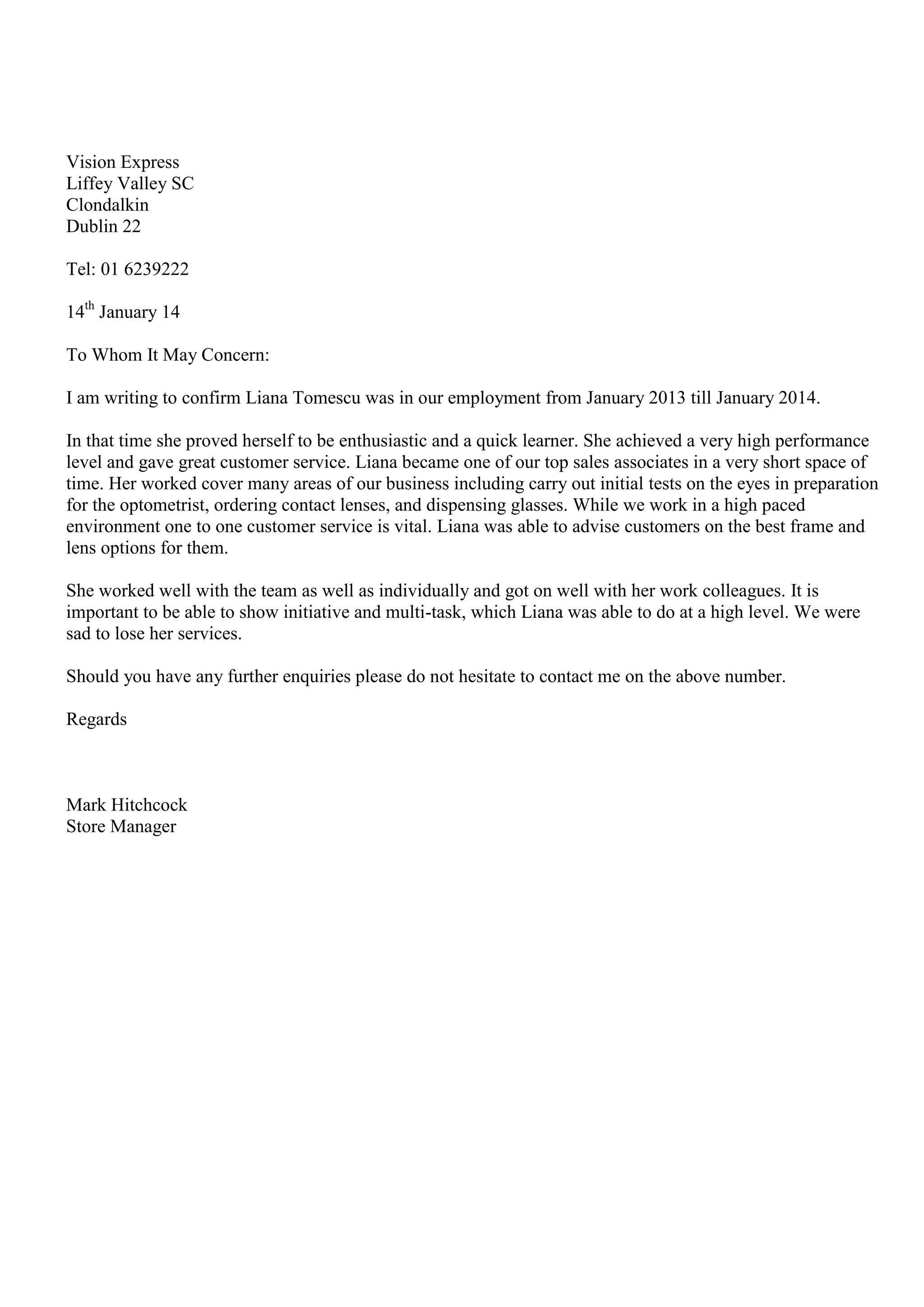 Reference Letter From Vision Express | PDF